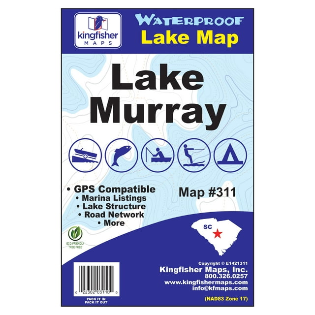 Kingfisher Maps Waterproof Lake Map Lake Murray South Carolina, 24" x ...