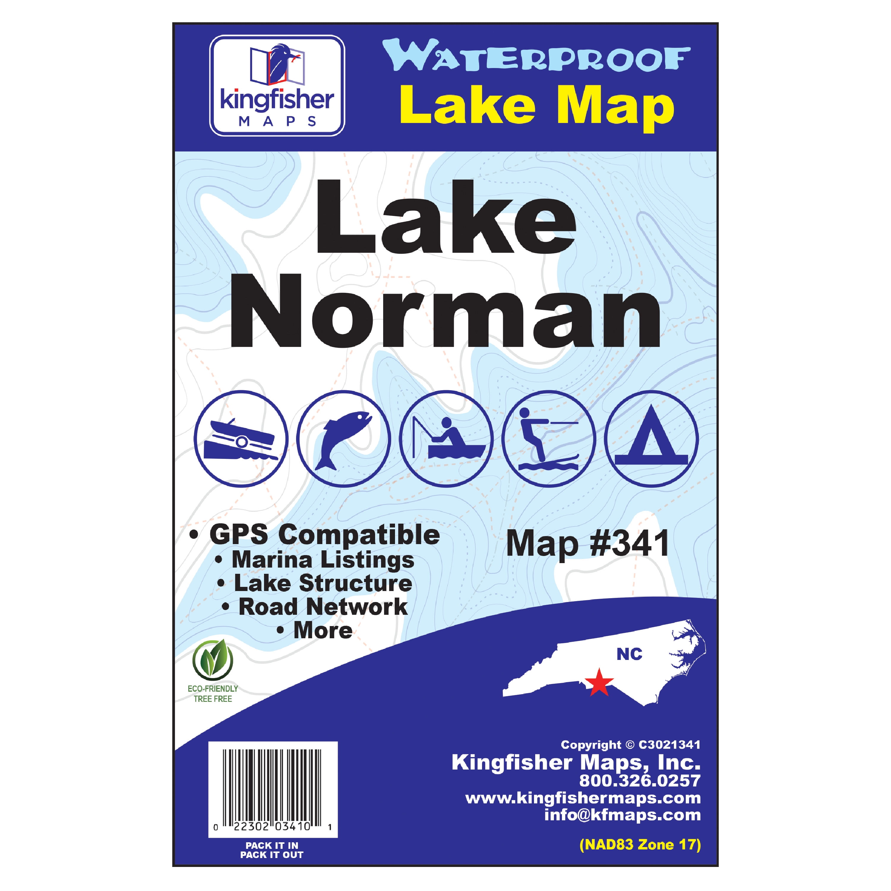 Kingfisher Maps Waterproof Lake Map Lake Norman North Carolina, 25” x ...