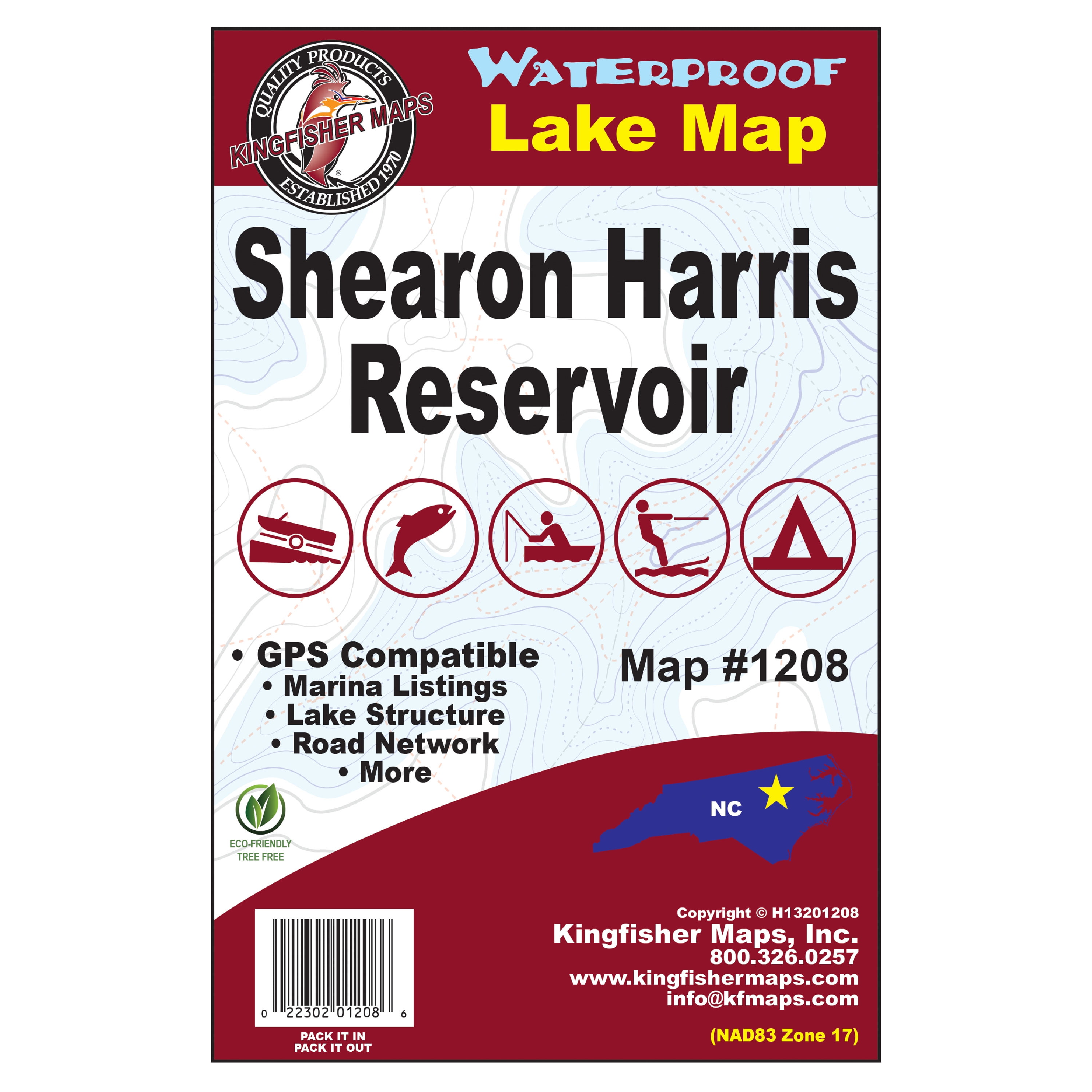 Kingfisher Maps Waterproof Lake Map Shearon Harris Reservoir NC, 24” x ...