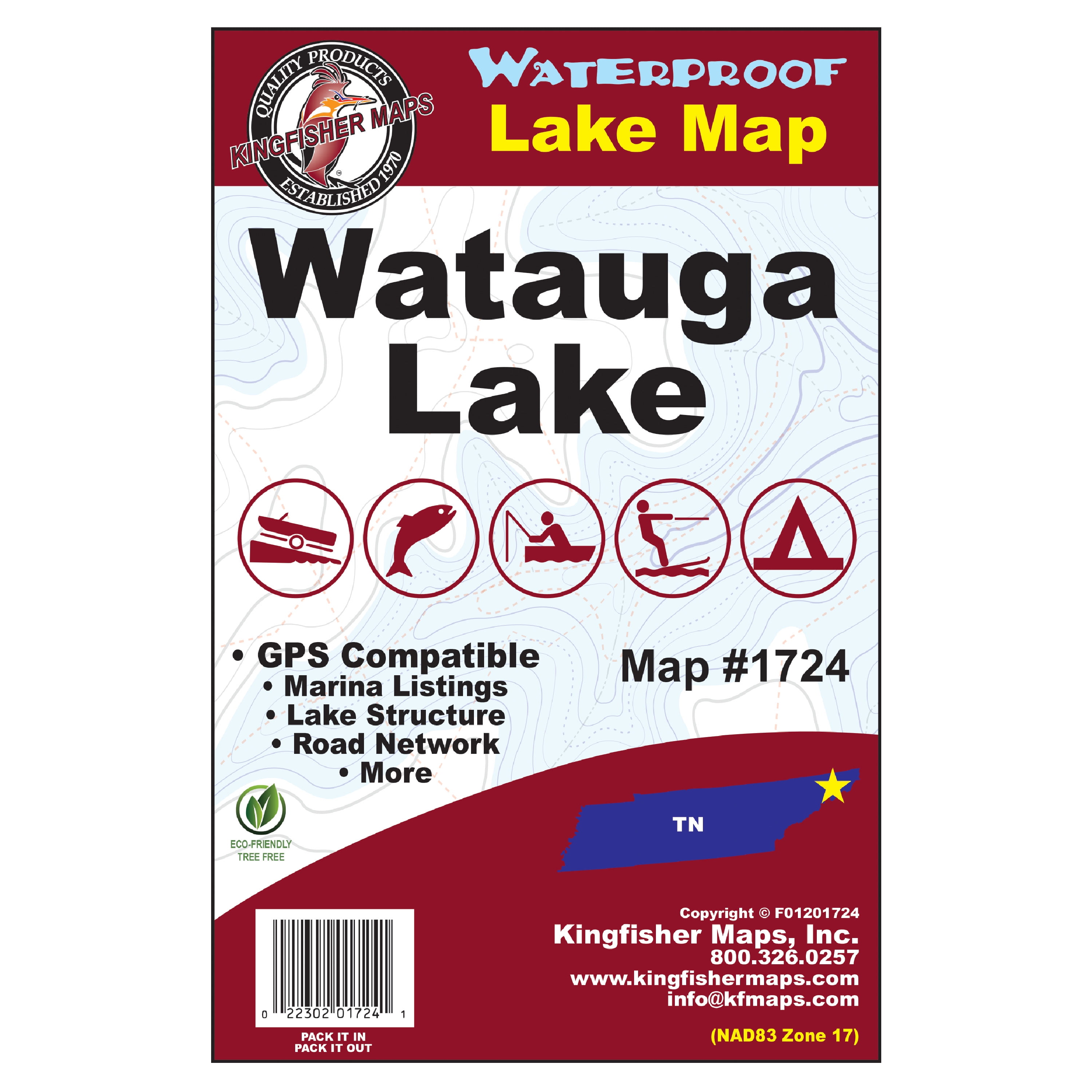 Kingfisher Maps Waterproof Lake Map Watauga Lake Tennessee, 24” x 36” 0 ...