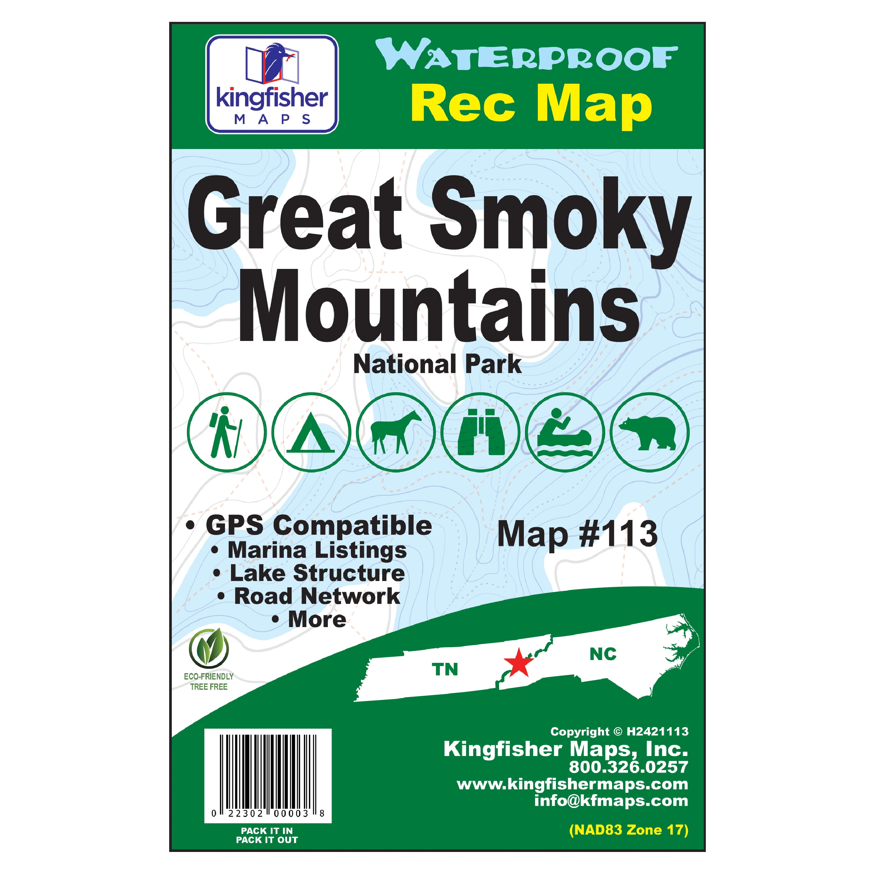Kingfisher Maps Waterproof Map Great Smoky Mtns National Park NC & TN ...