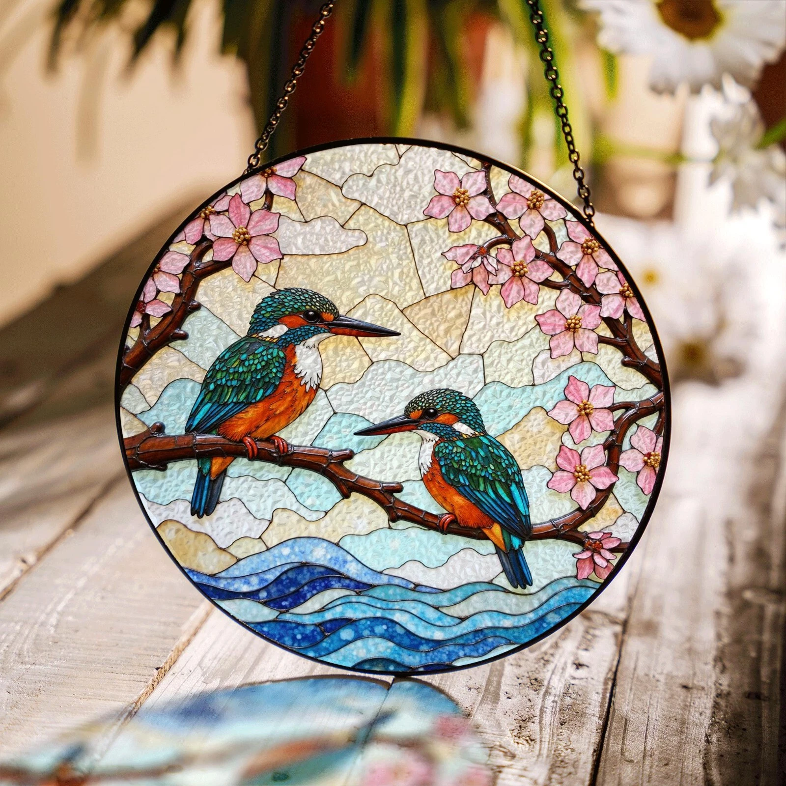 Kingfishers on Branch Stained Glass Suncatcher Bird Window Hanging Gift ...