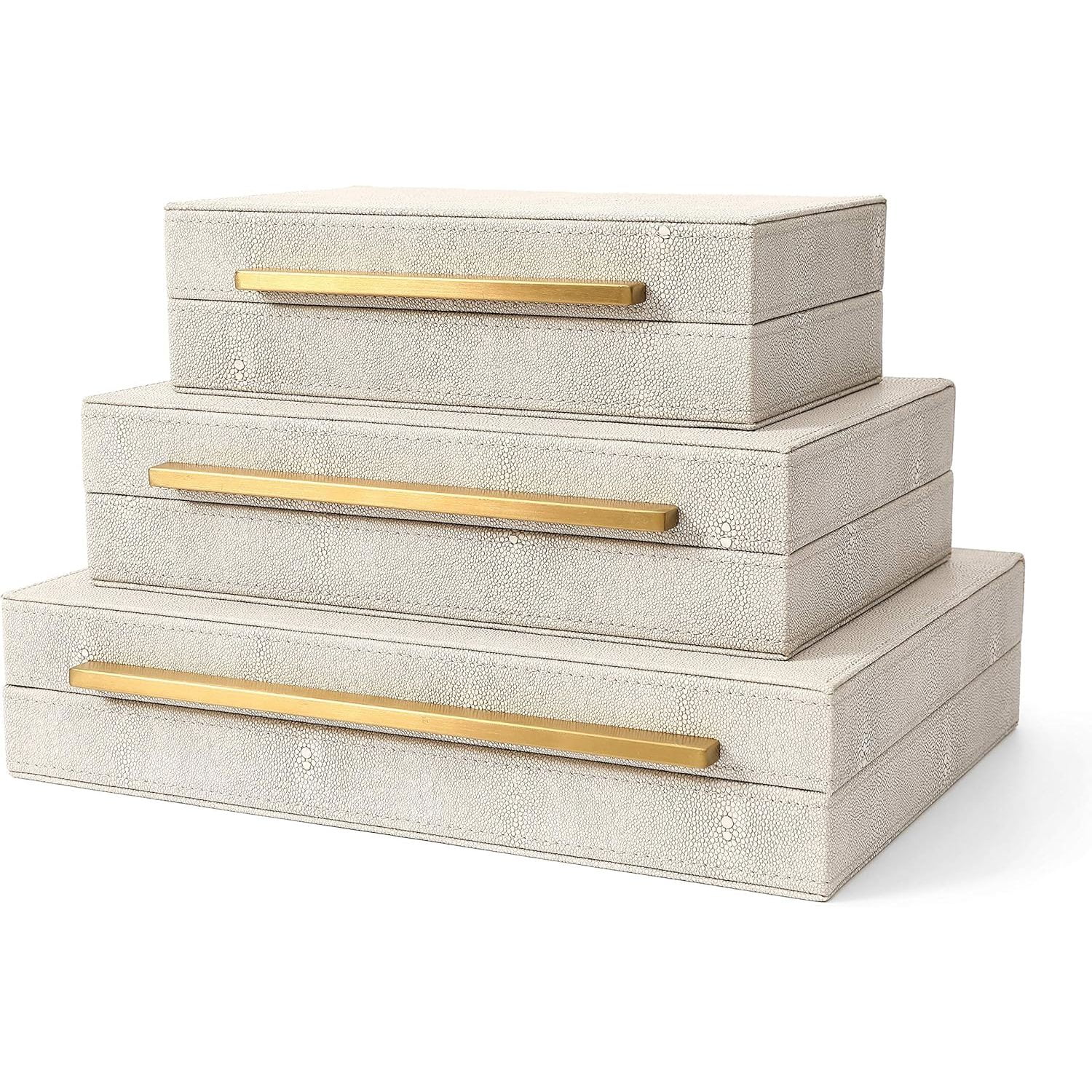 Kingflux Faux Ivory Shagreen Leather Set of 3 Pcs Decorative Boxes ...