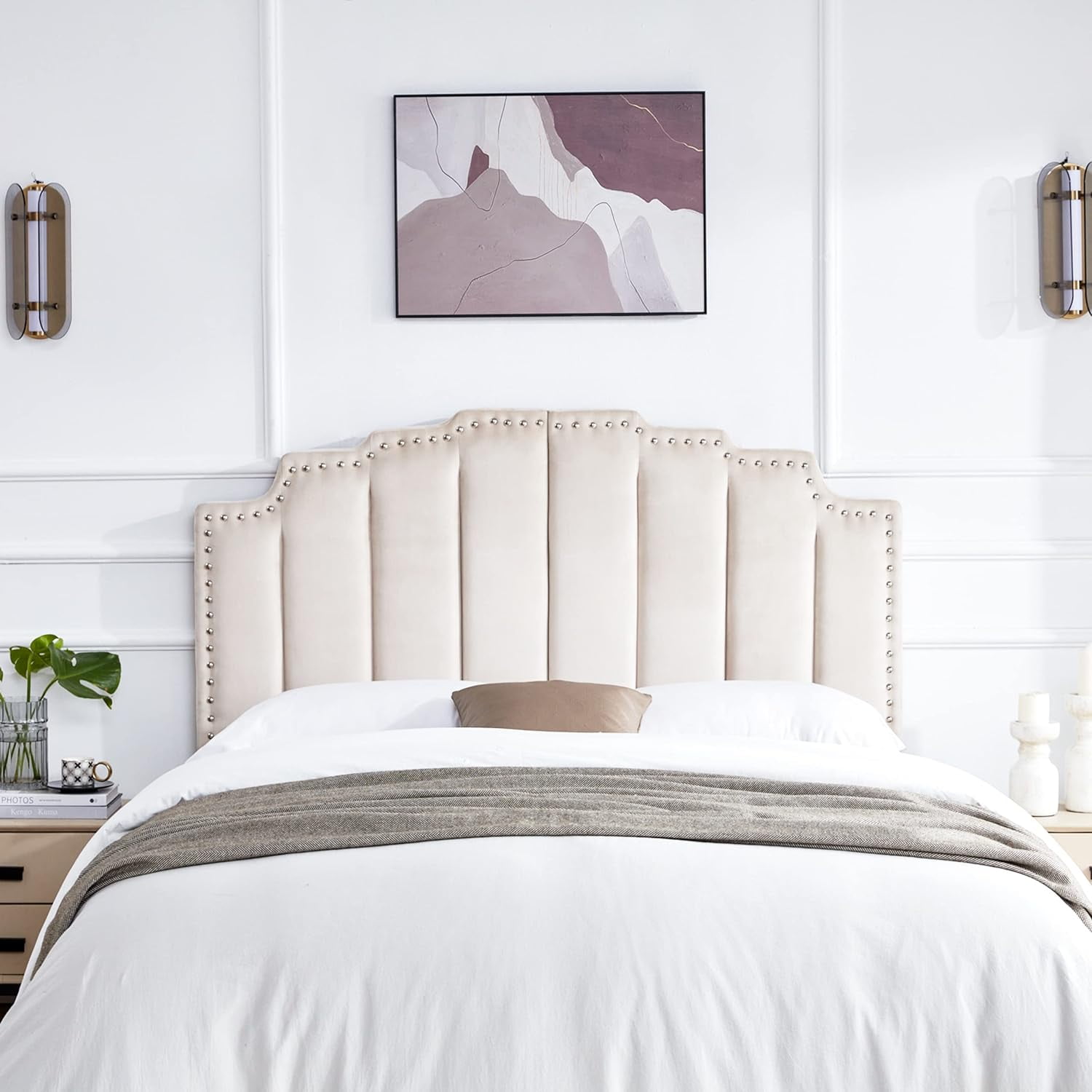 Kingfun Mid Century Headboard for King Size Bed, Velvet Upholstered ...