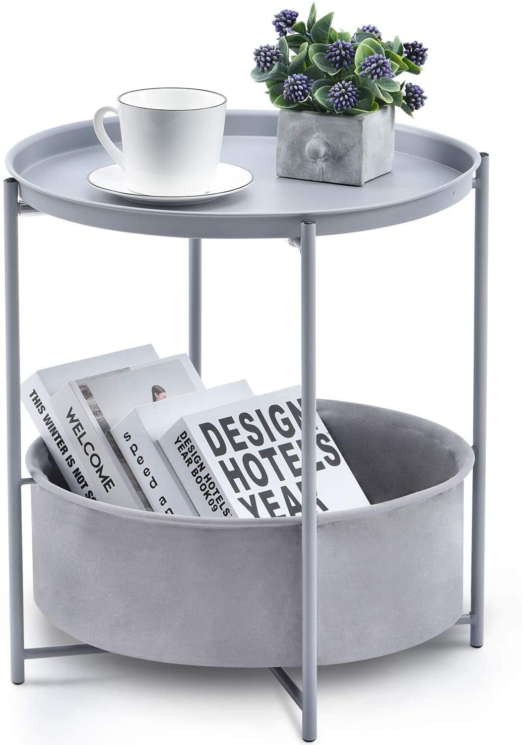 Kingrack Round End Small Side Table with Storage Basket, Metal Sofa ...