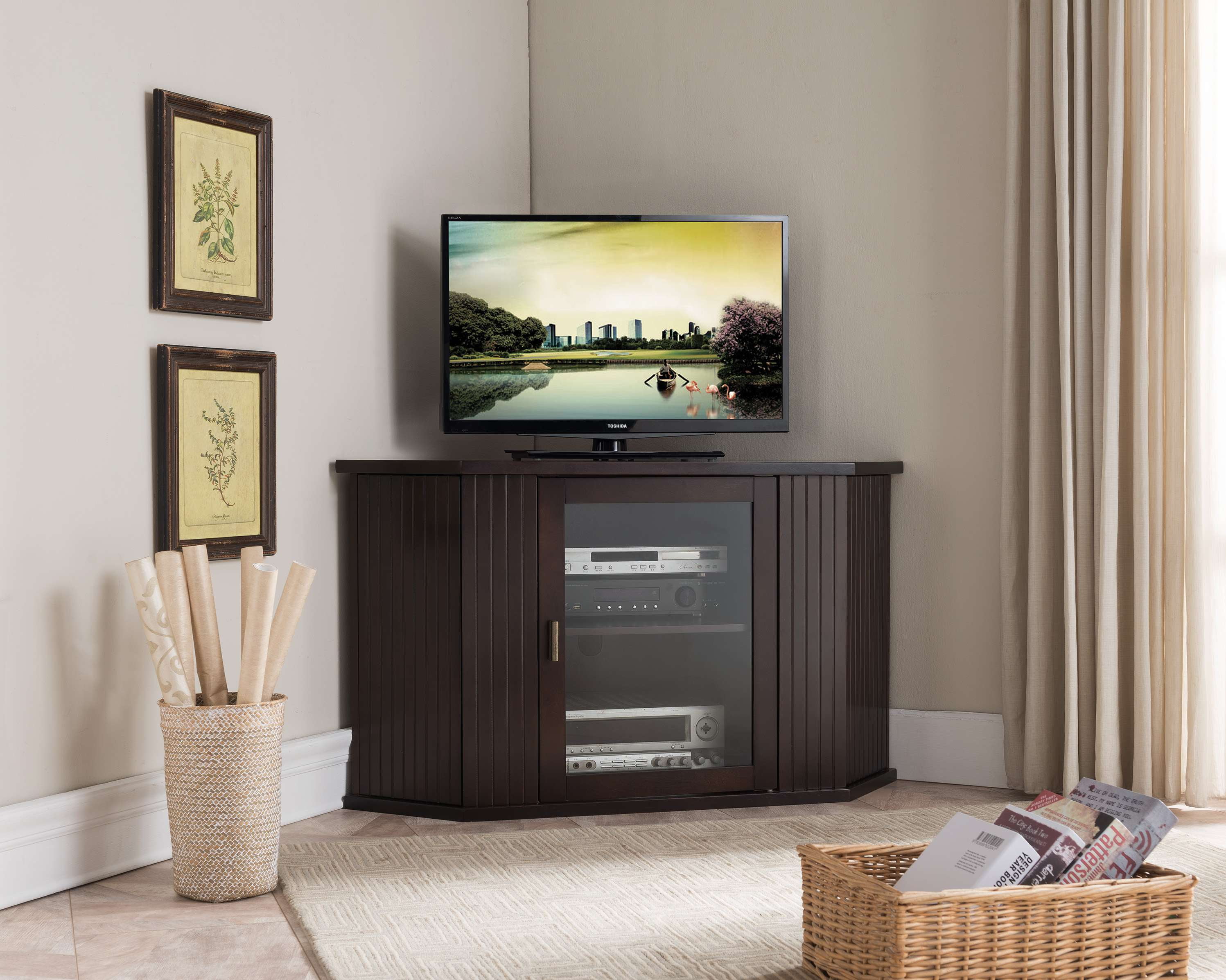 Kings Brand Furniture 27"H Walnut Wood TV Stand Entertainment Center ...