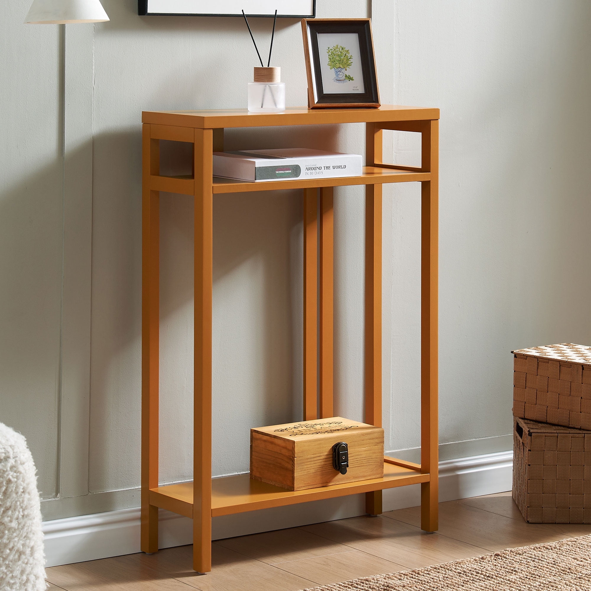 Kings Brand Furniture Bisbee Wood Console Table with 2 Open Storage Shelves (Honey Ginger ...