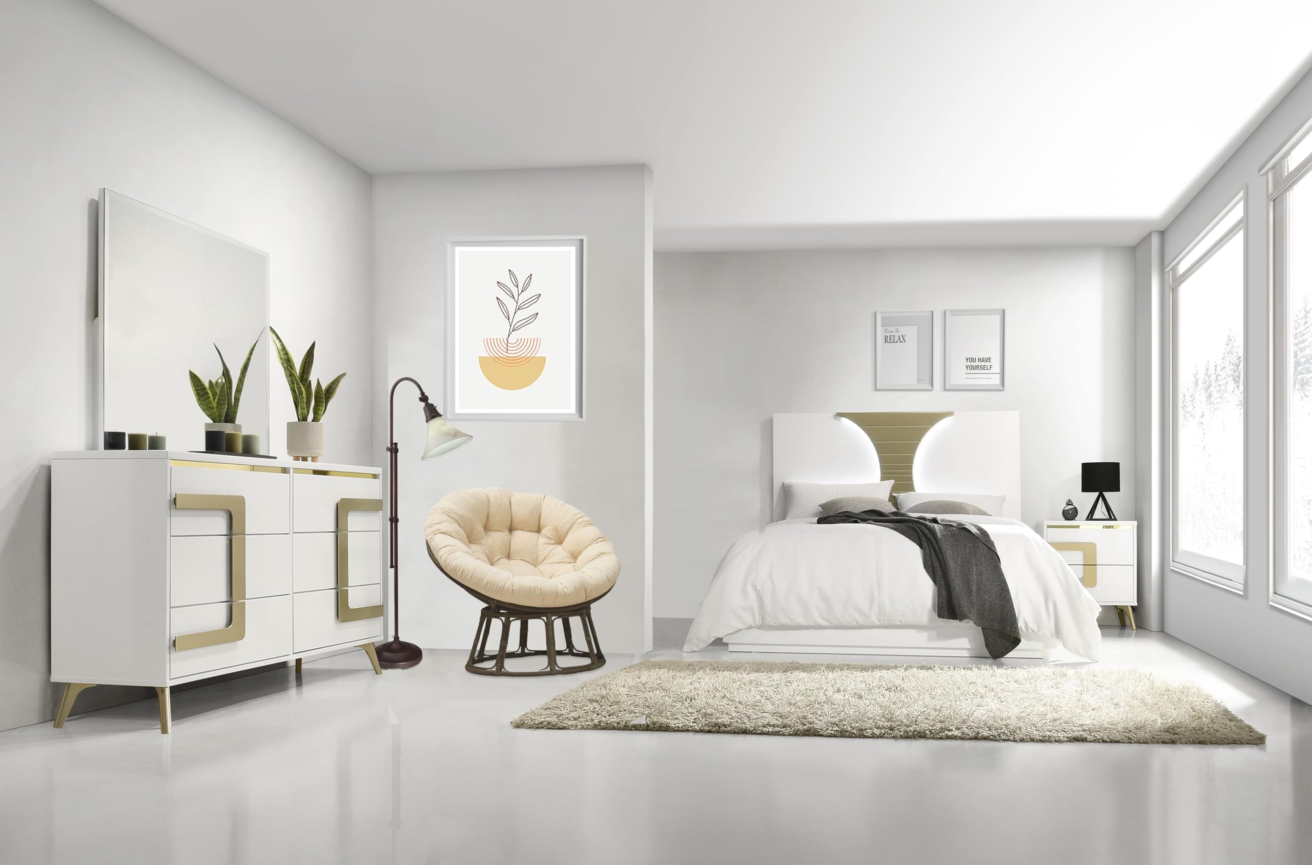 Kings Brand Furniture Claire 4-Piece Modern Bedroom Set in White/Gold ...