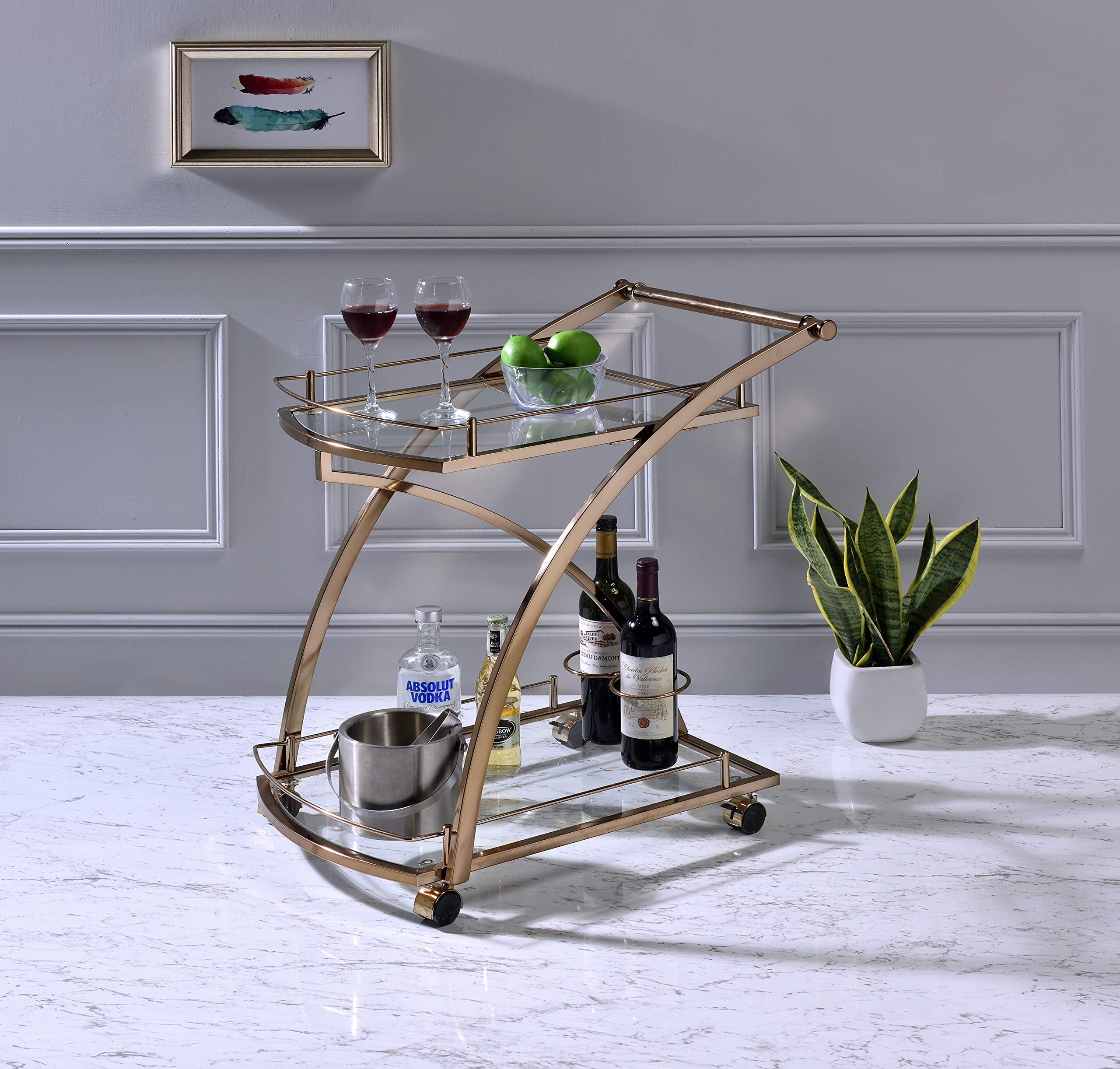 Kings Brand Furniture Gold Metal Rolling Bar Serving Cart with 2 Glass ...