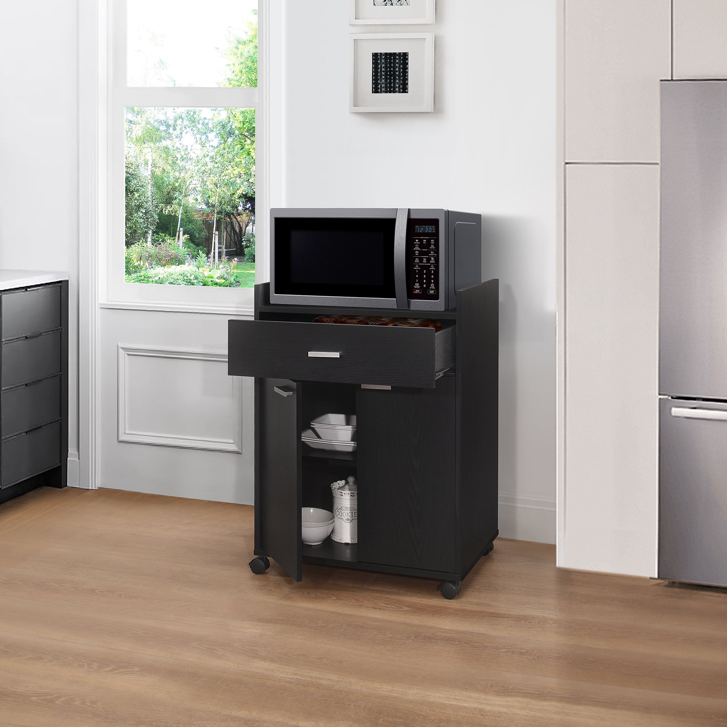 Kings Brand Furniture Black Microwave Cart – Storage Cabinet with Drawer, Shelves & Doors ...