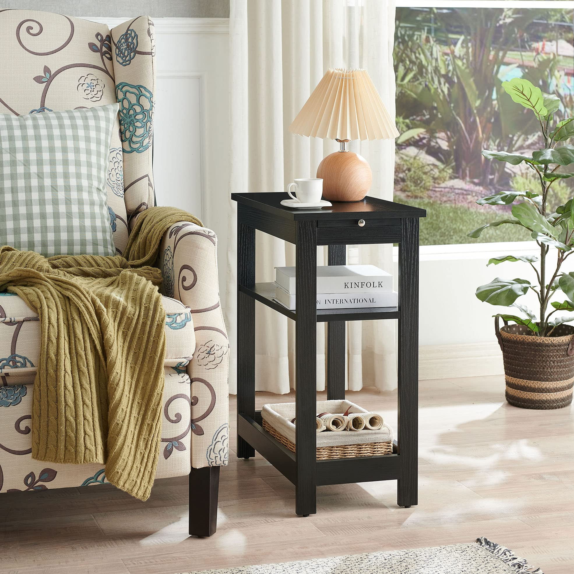 Kings Brand Furniture - Slim Wood Side End Table with Storage Shelves ...