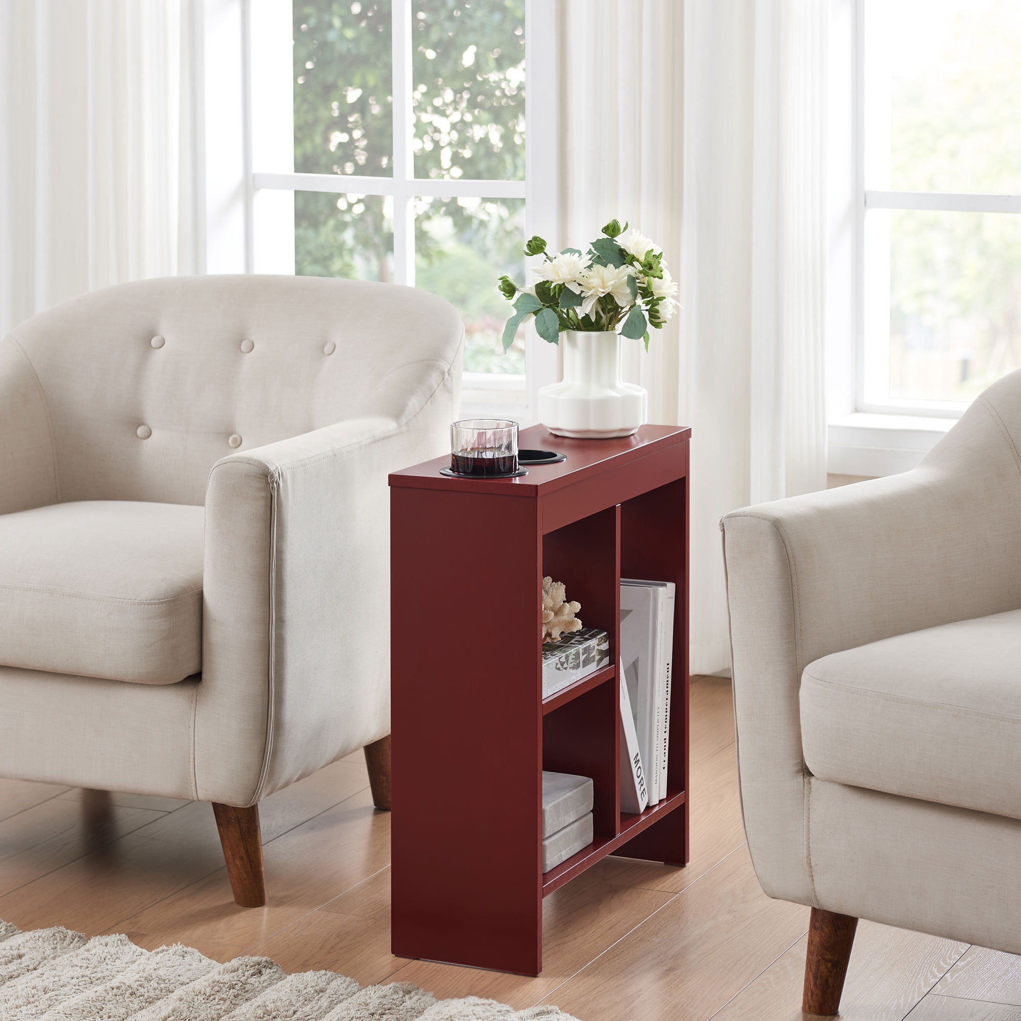 Kings Brand Furniture Slim Wood Side Table with Drink Holders and 3 ...