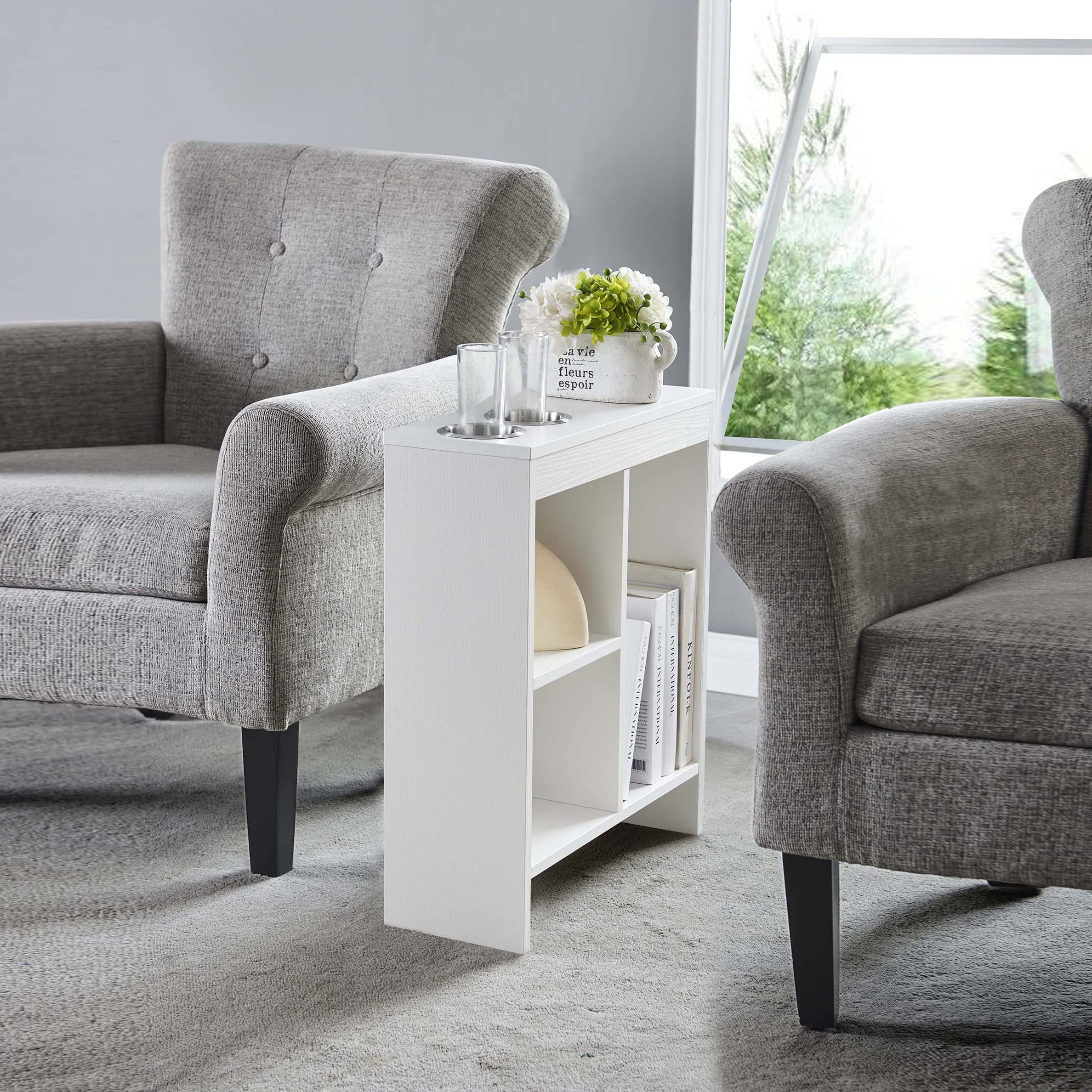 Kings Brand Furniture Slim Wood Side Table, White, 3 Shelves, Cup ...