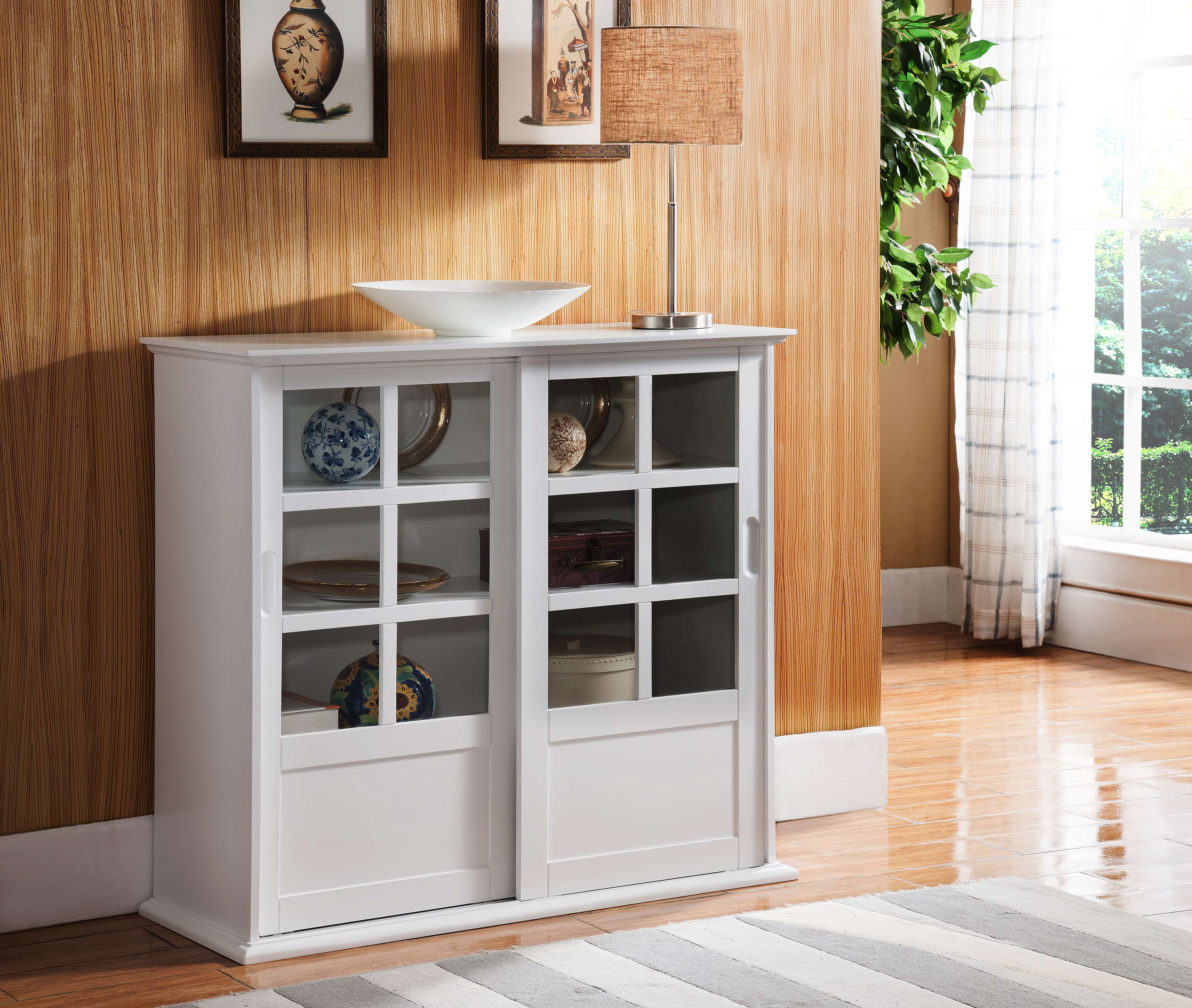 Kings Brand Furniture White Wood Curio Cabinet with 2 Glass Sliding ...