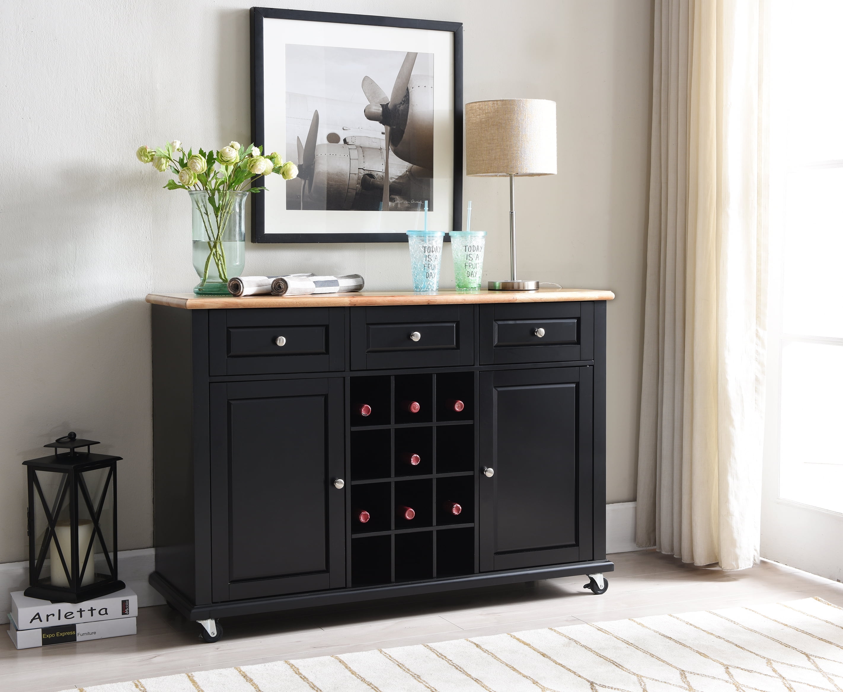Kings Brand Furniture Black Wood Wine Rack Sideboard – Buffet Server ...