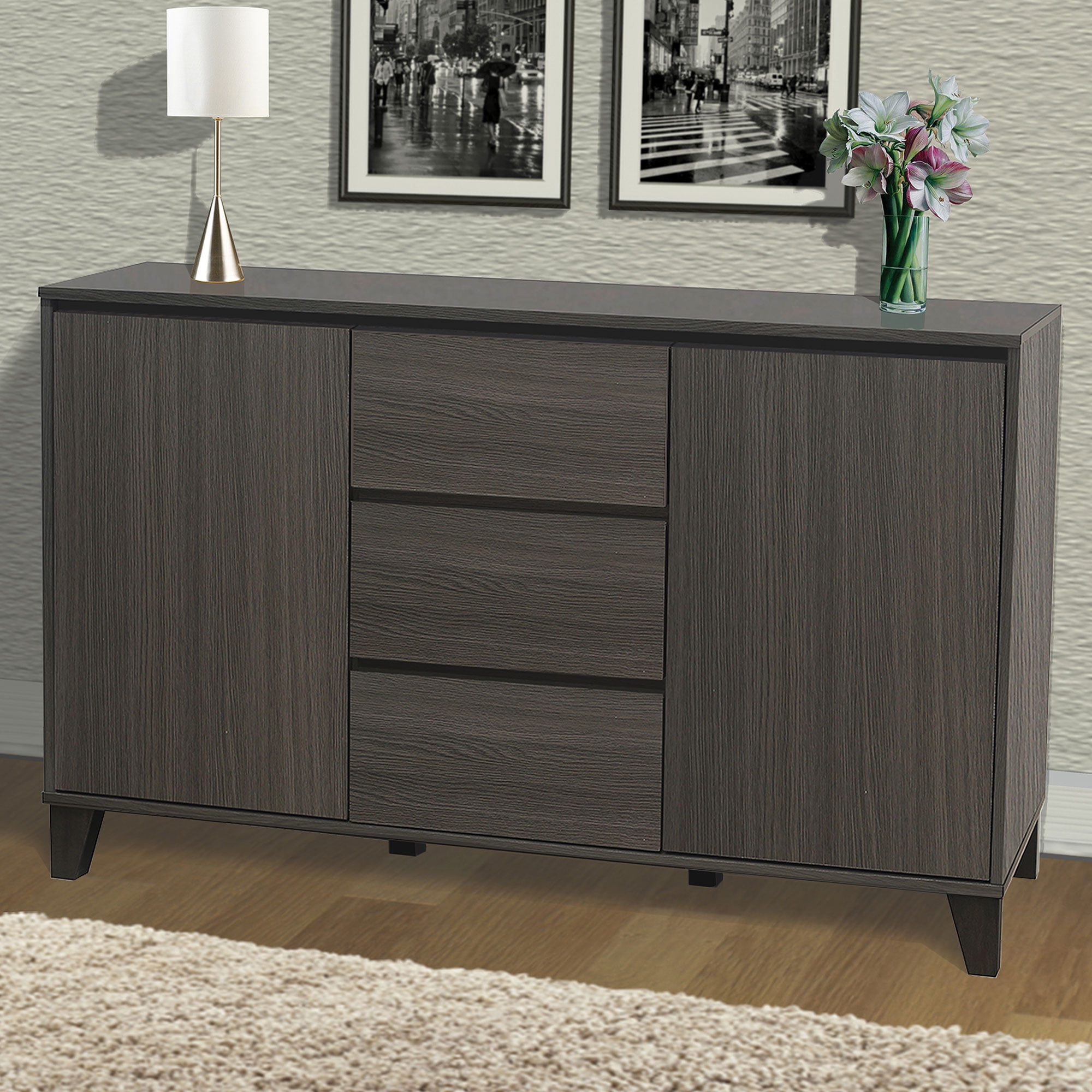 Kings Brand Furniture Dark Gray Oak Wood Server – Storage Cabinet with ...