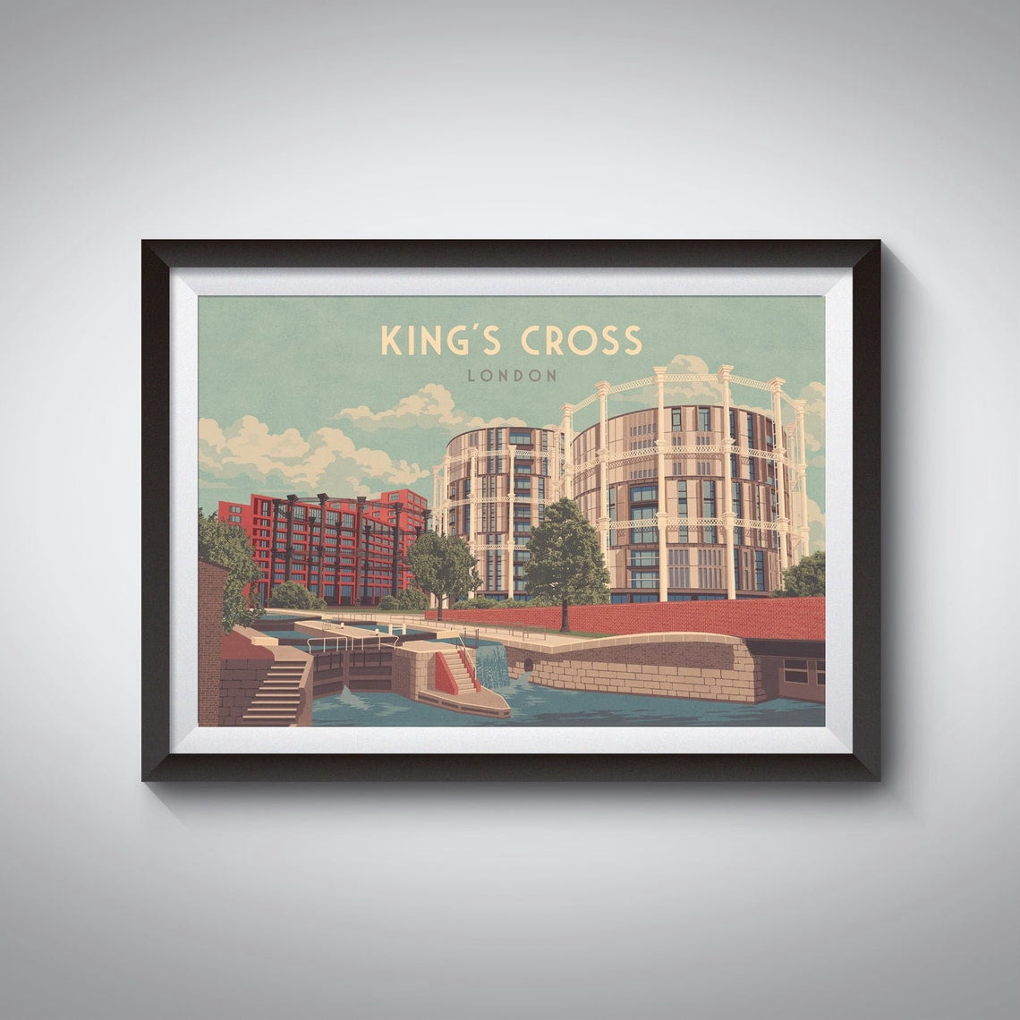 Kings Cross London Travel Poster, Regents Canal Print, St Pancras Lock ...