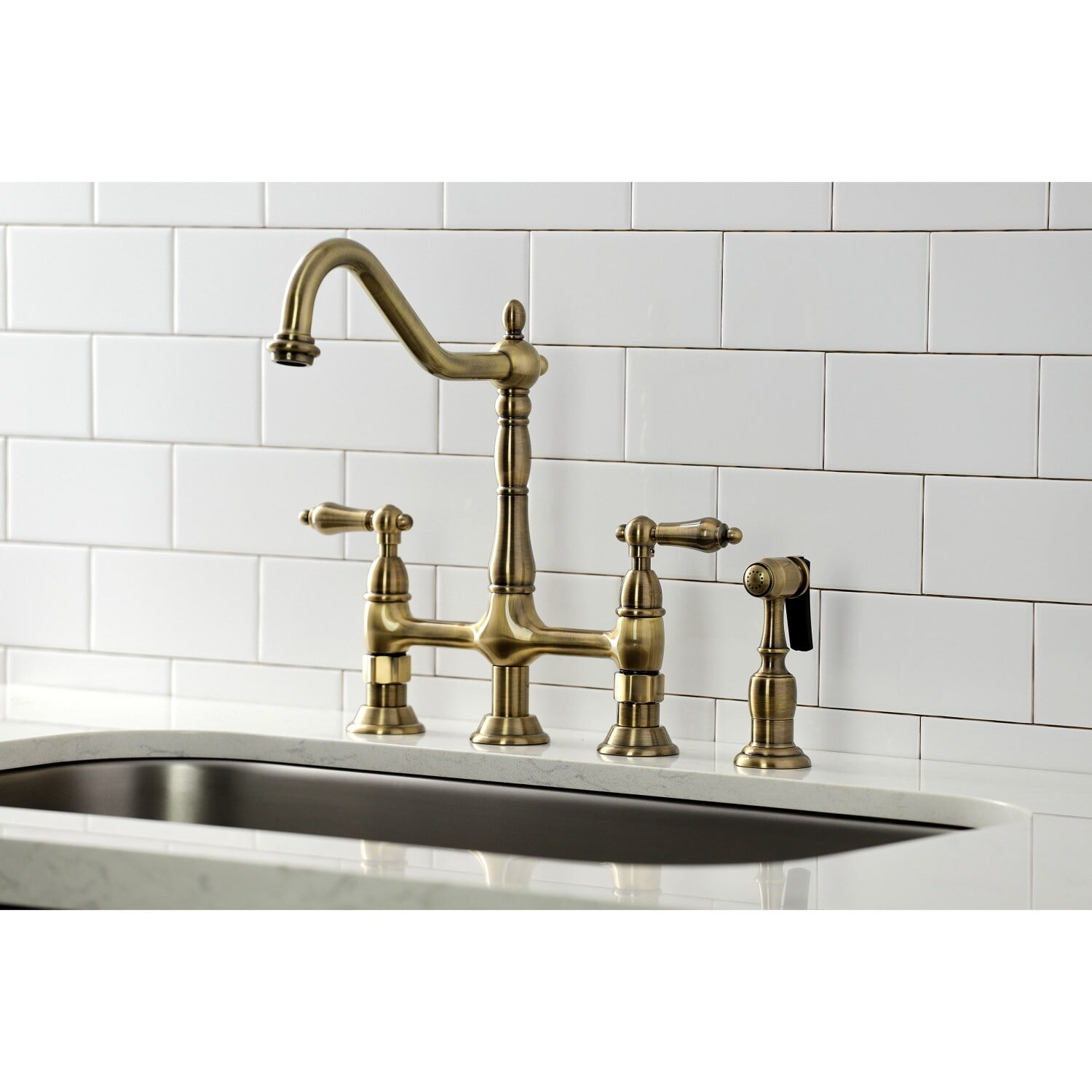 Kingston Brass Heritage Bridge Kitchen Faucet with Brass Sprayer ...