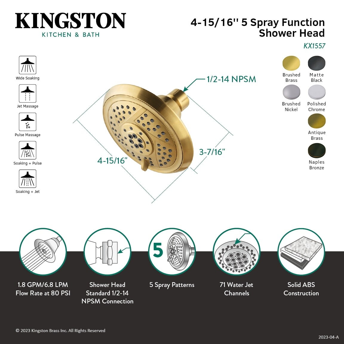 Kingston Brass Vilbosch 5-Function 5-Inch Plastic Shower Head Brushed ...