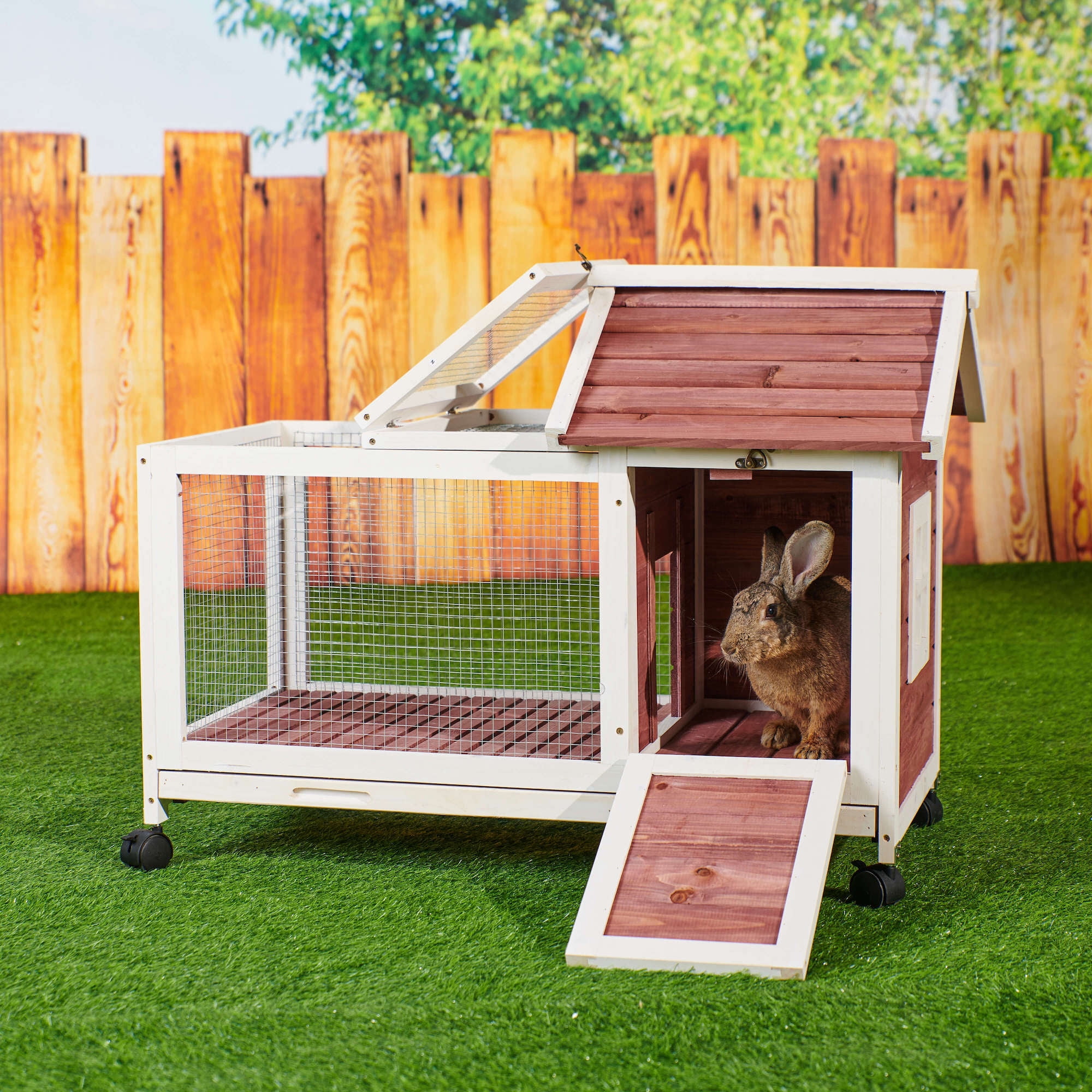 Kingwolfox Chicken Coop Outdoor Rabbit Hutch - Wooden Bunny Cage with Leakproof Tray + 4 Wheels ...
