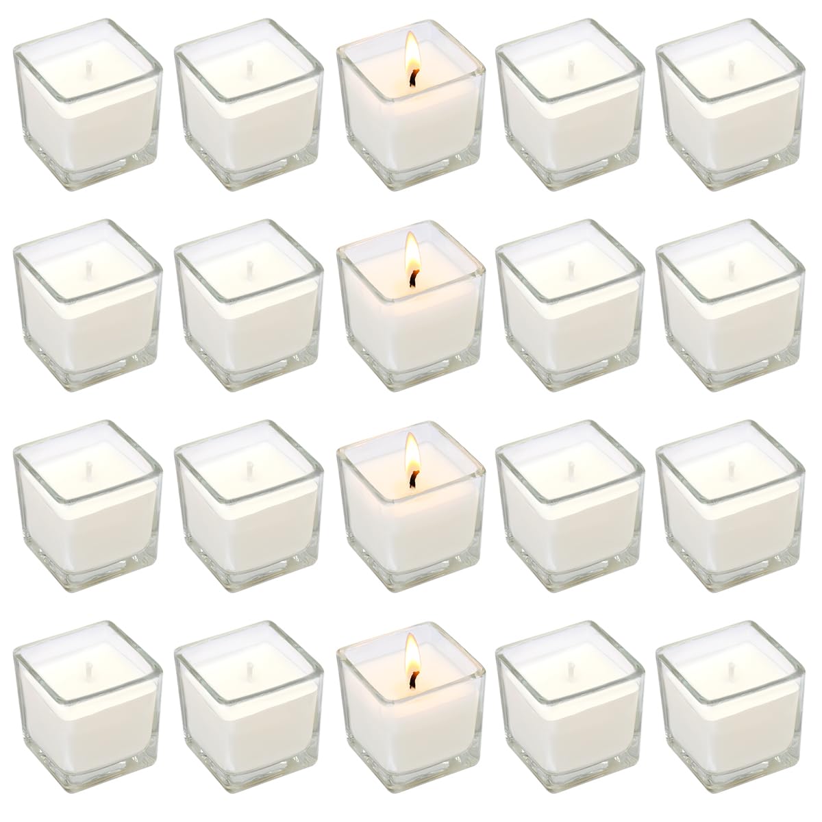 Kingyo 20 Pack White Unscented Votive Candles in Clear Square Glass Jar ...