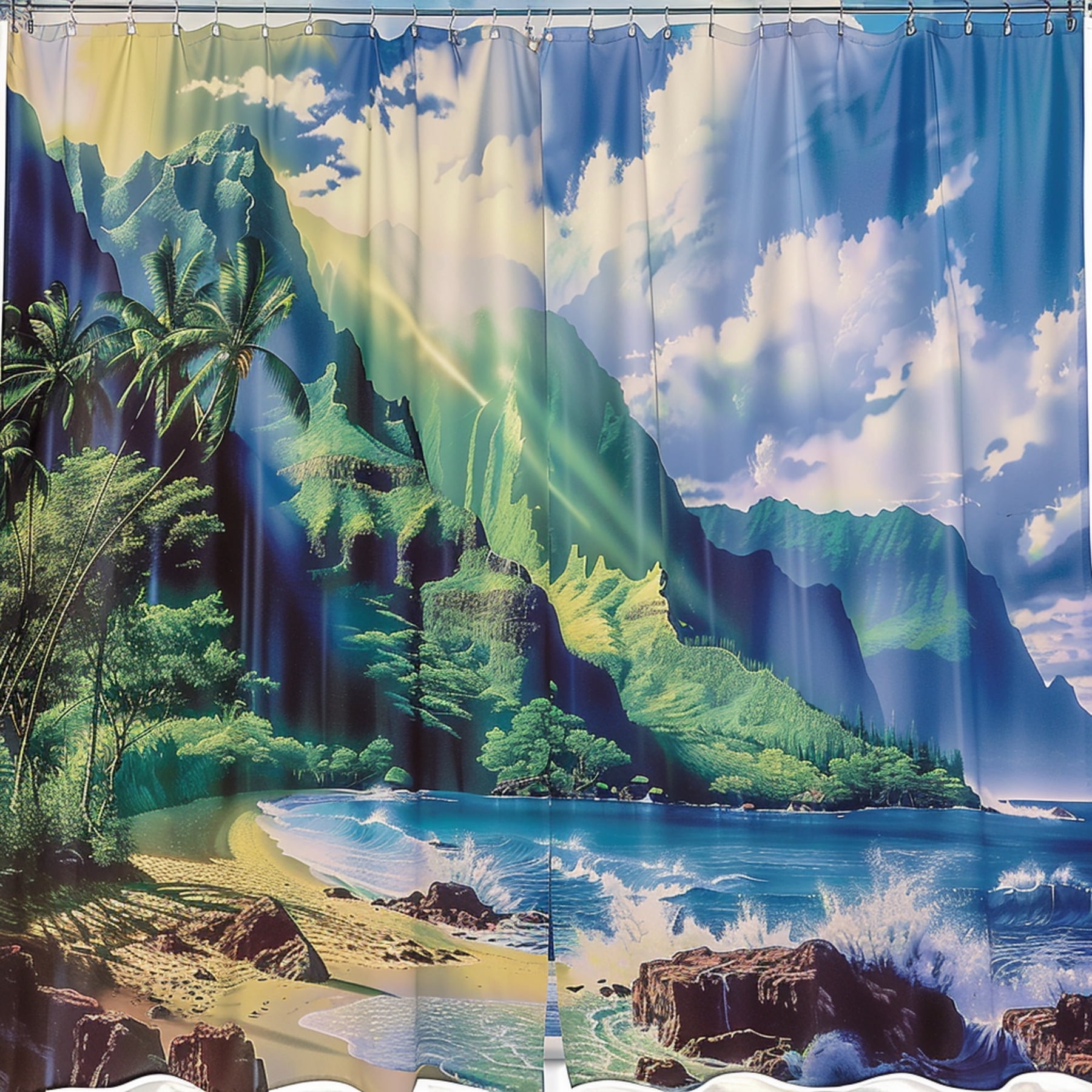 Kinkade Style Hawaii Mountain and Beach Scene Shower Curtain Realistic ...