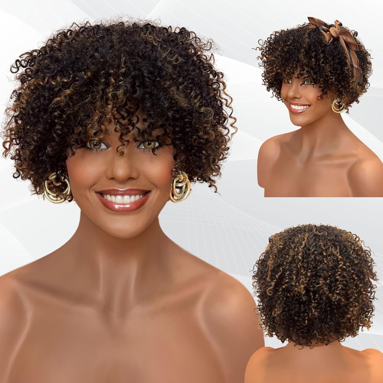 Kinky Curly Wig with Bangs Blonde Highlight Wigs 3C-4A Coily Curl Short Human Hair for Black ...
