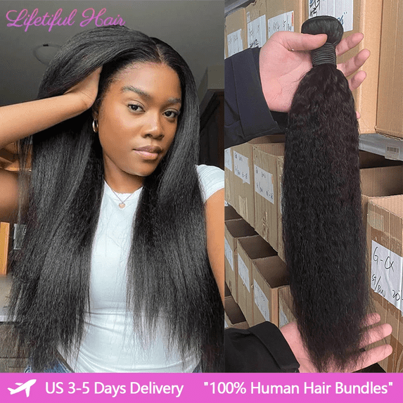 Kinky Straight Human Hair Bundles 1/3/4 Yaki Bundles 28 30 32 Inch ...