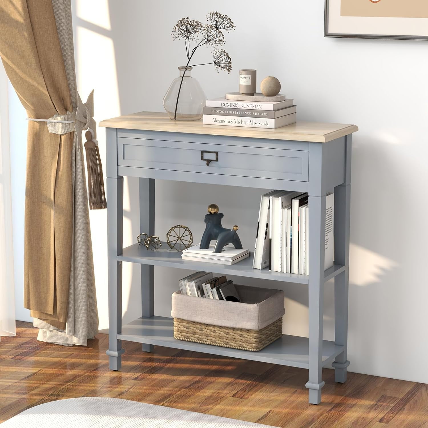 Kinpaw Narrow Console Table with Storage- Bluish Grey Entryway Table, Small Sofa Table with ...