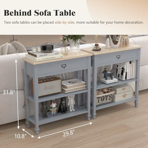 Kinpaw Narrow Console Table with Storage- Bluish Grey Entryway Table ...
