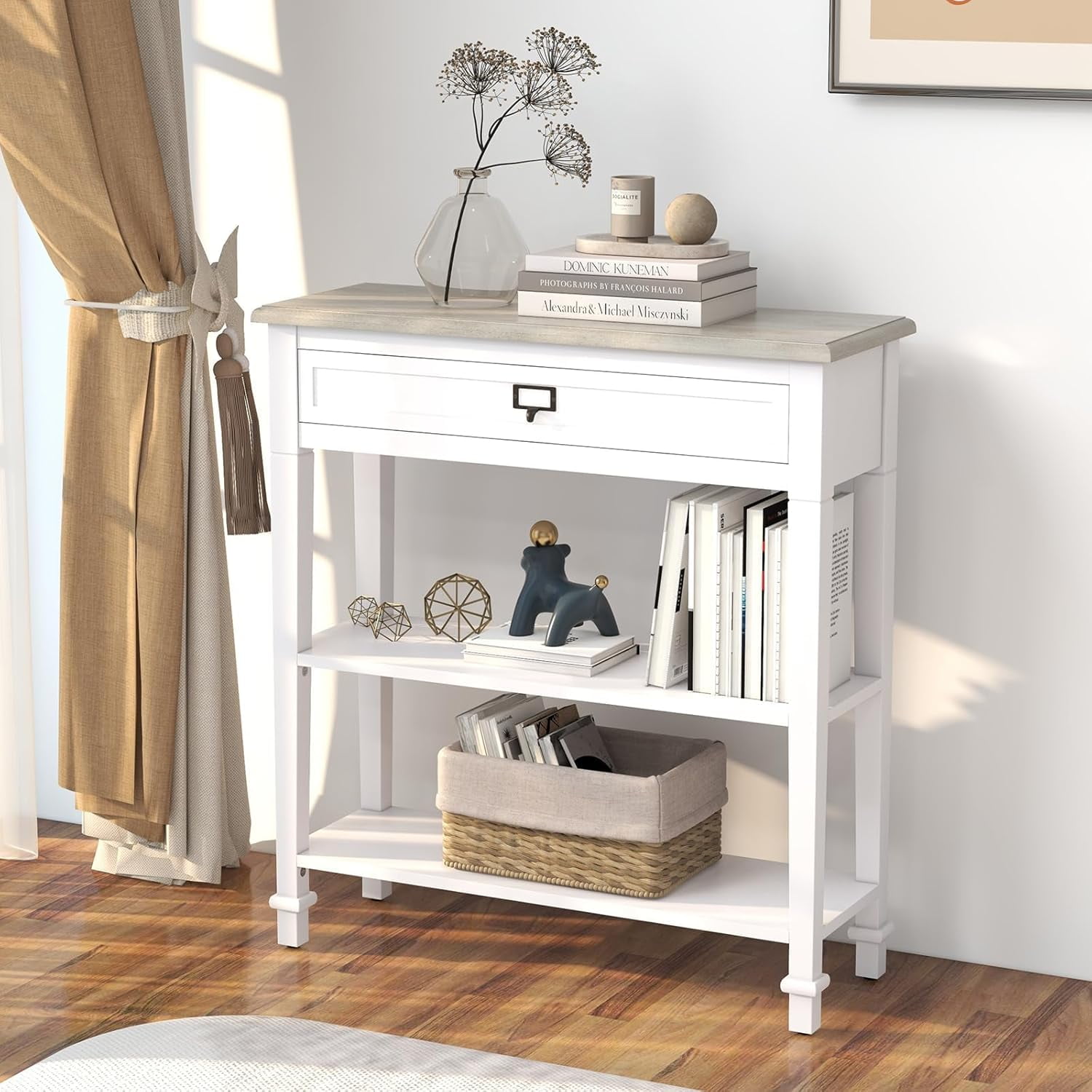 Kinpaw Narrow Console Table with Storage- White Entryway Table, Small Sofa Table with Drawer ...