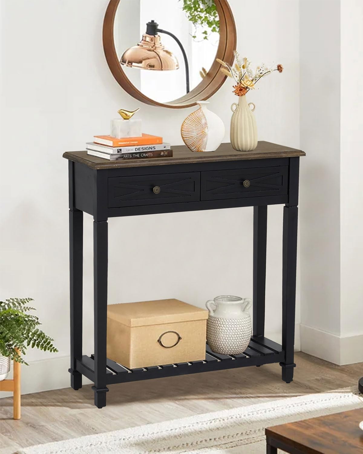 Kinpaw Narrow Entryway Table with 2 Drawers, X-Cross Black Console ...