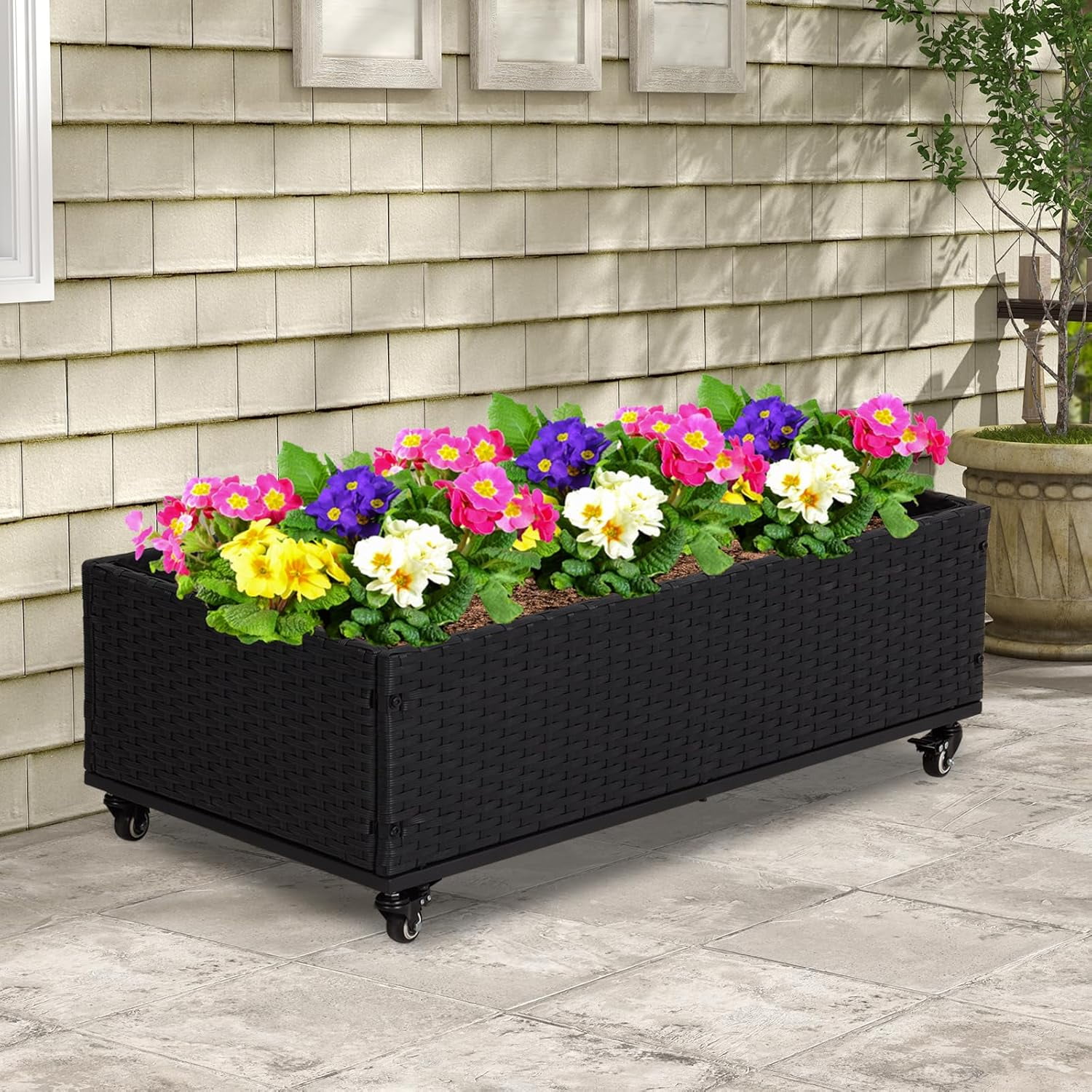 Kinpaw Rattan Raised Garden Bed with Wheels - Planter Box with Liner ...