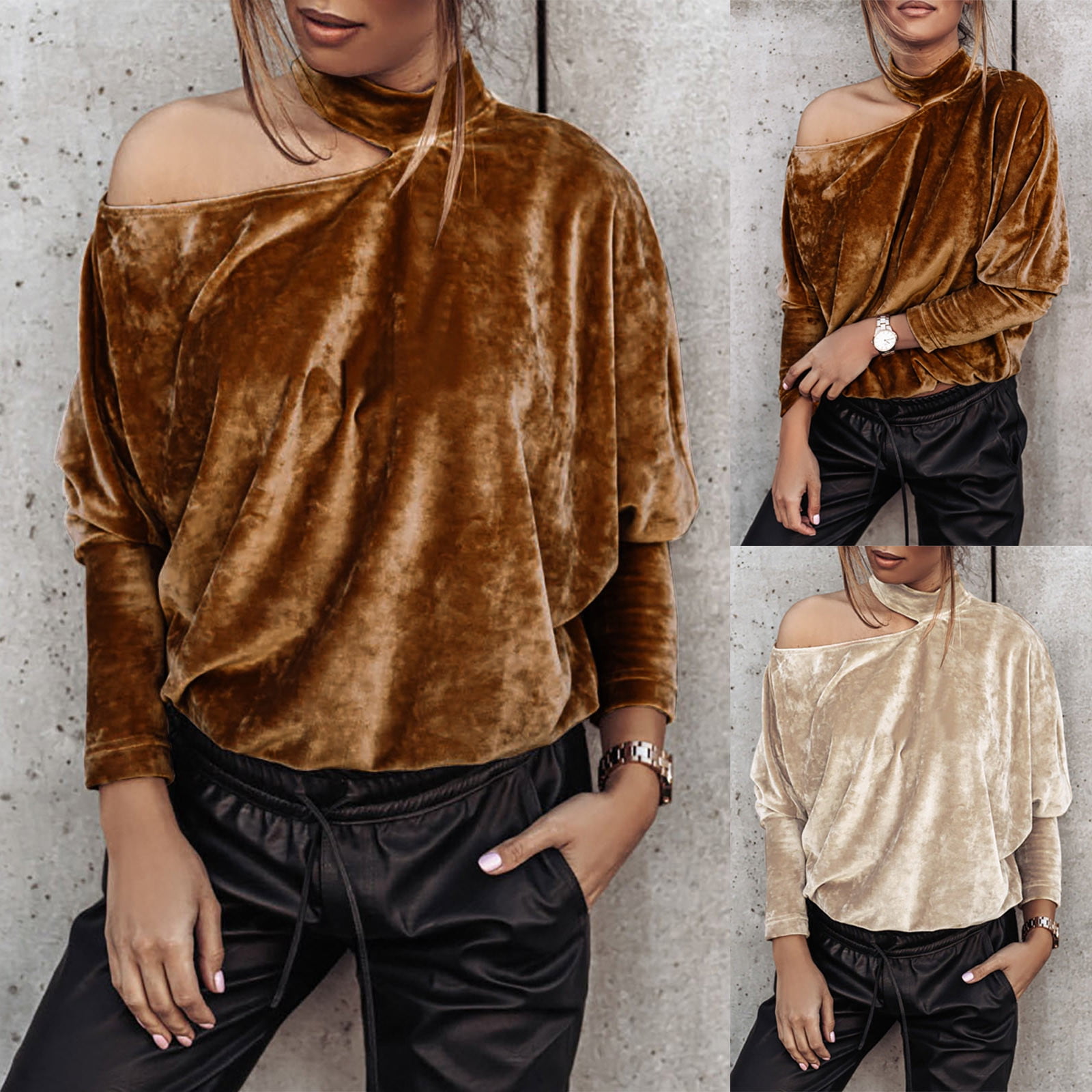 Kinrui Cold Shoulder Long Sleeve Velvet Shirts for Women Mock Neck Fall ...