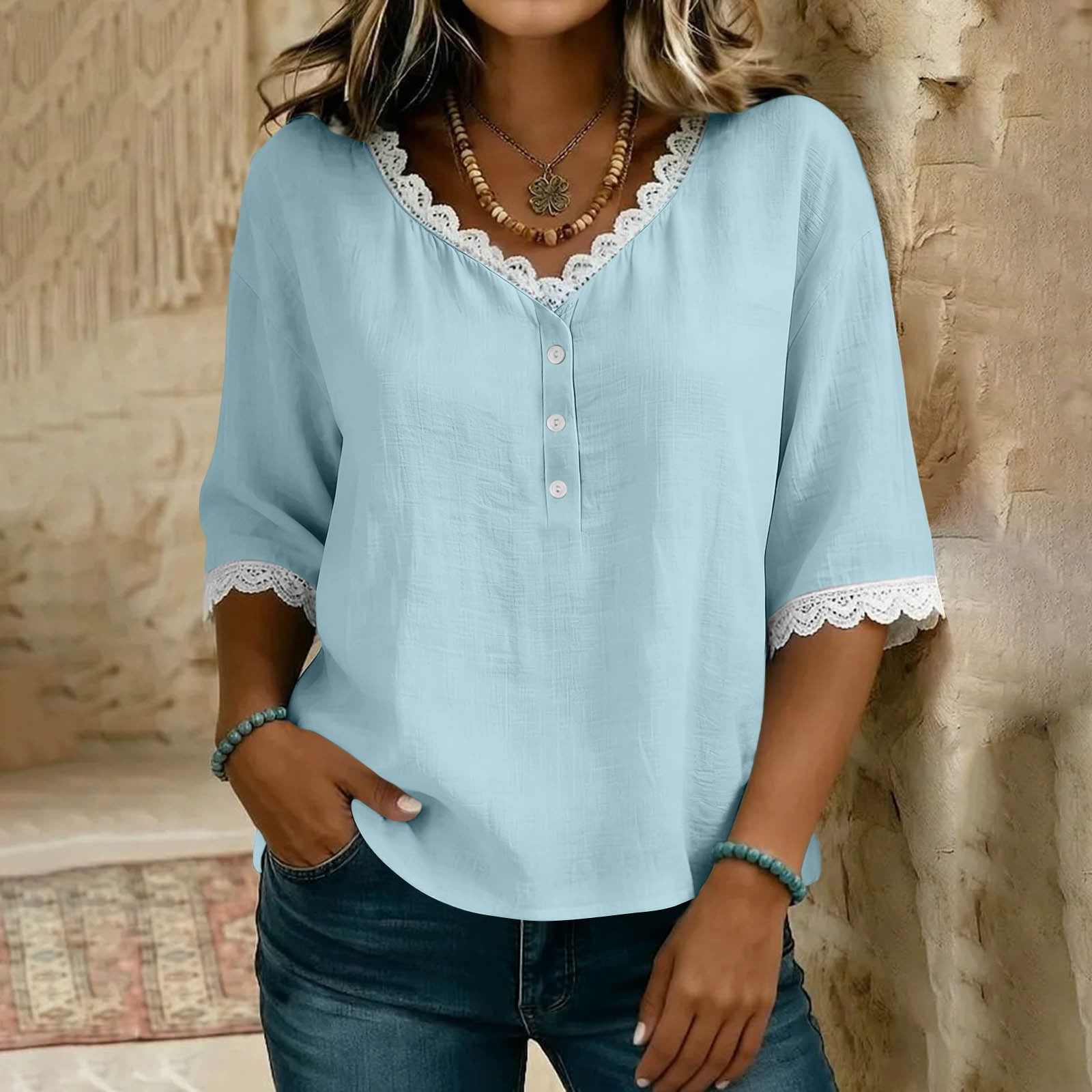 Kinrui Cotton Linen Tops for Women 3/4 Sleeve Lace V Neck Blouses ...