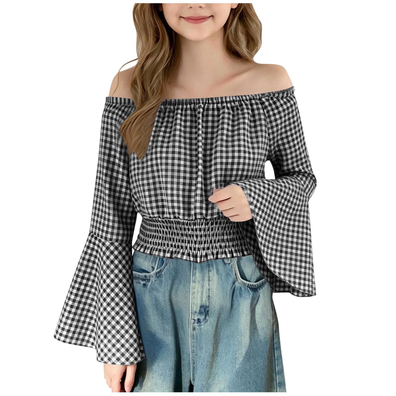 Kinrui Girls Vintage Court Shirts Off the Shoulder Flare Sleeve Crop ...