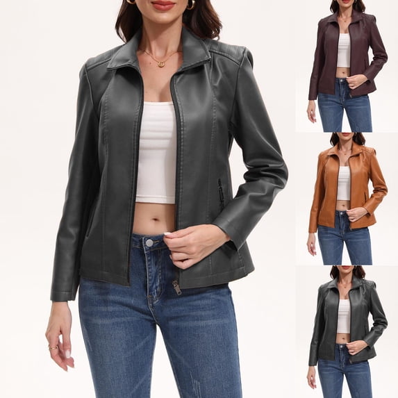 Kinrui Leather Jacket Women Faux Modern Fitted Motorcycle Bomber Coats ...