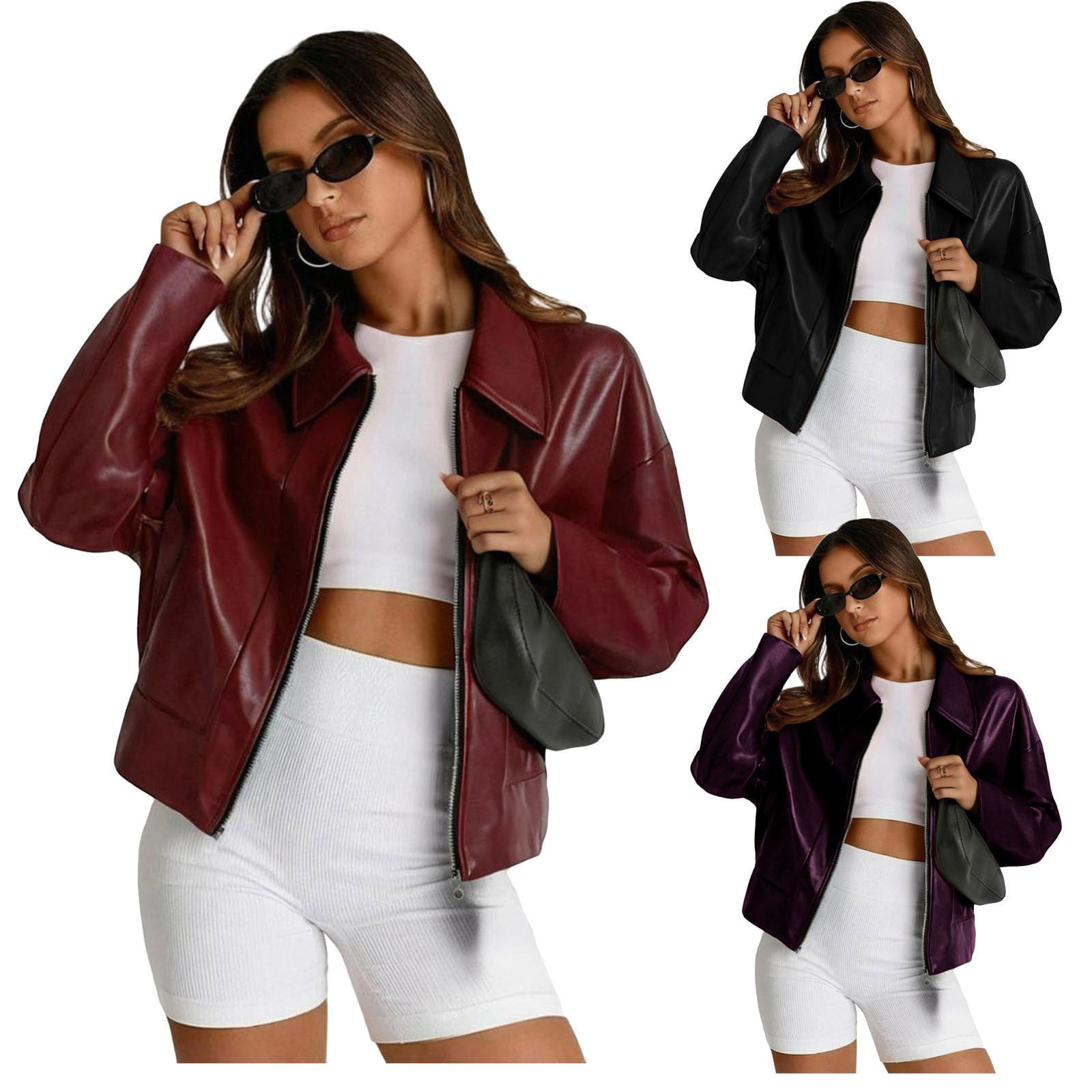 Kinrui Leather Jacket Women Faux Oversized Motorcycle Bomber Coats ...