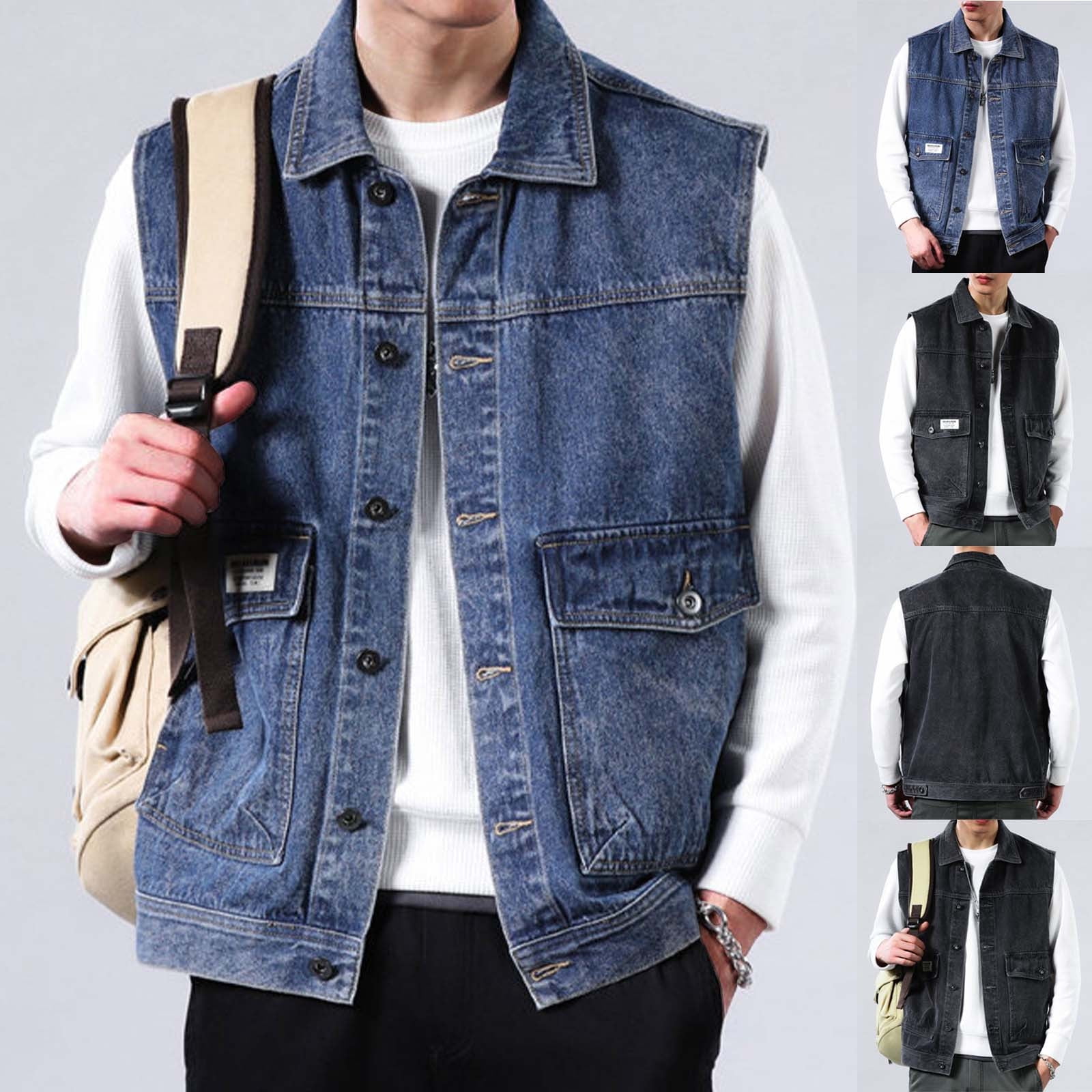 Kinrui Men's Denim Vest Big and Tall Sleeveless Jean Jacket Ripped ...