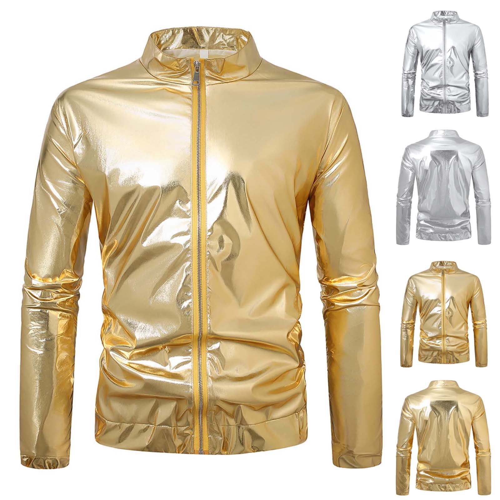 Kinrui Men's Gold Silver Varsity Jacket Glitter Metallic Jacket 70's ...