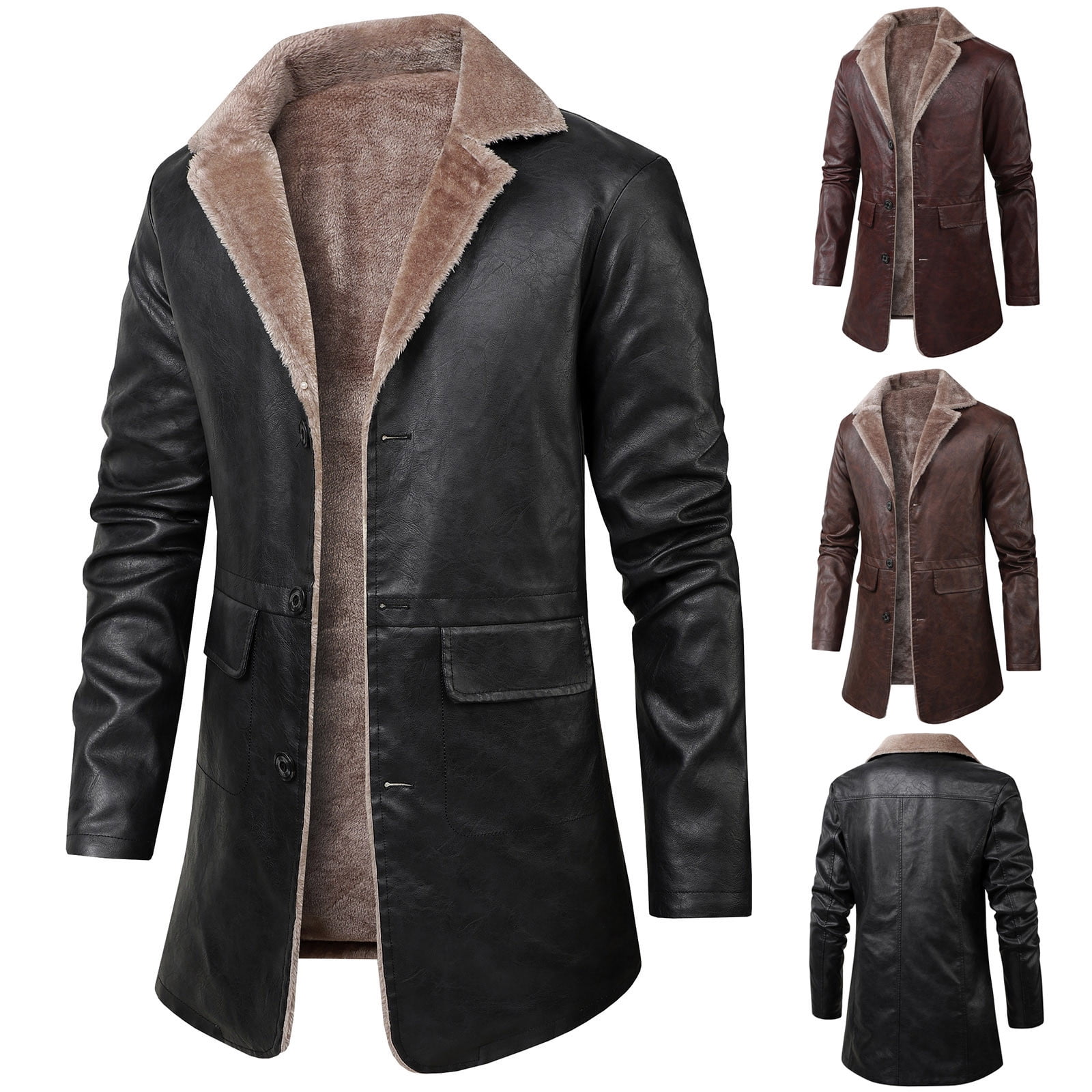 Kinrui Mens Leather Jackets Mid-Long Fleece Lined Trench Coat Vintage ...