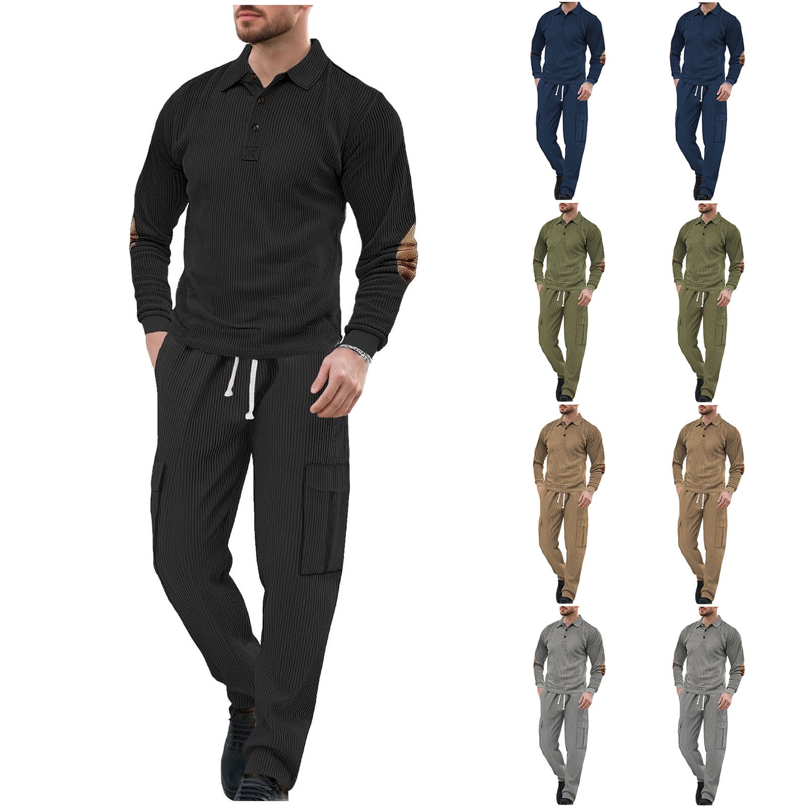 Kinrui Mens Two Piece Set Casual Corduroy Tracksuits Elbow Patch Half ...