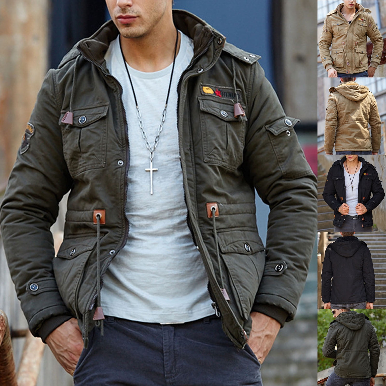 Kinrui Tactical Cargo Jackets for Men with Detachable Hood Zip Up Long ...