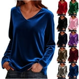 Kinrui V Neck Velvet Shirts for Women Long Sleeve Dressy Casual Velour ...