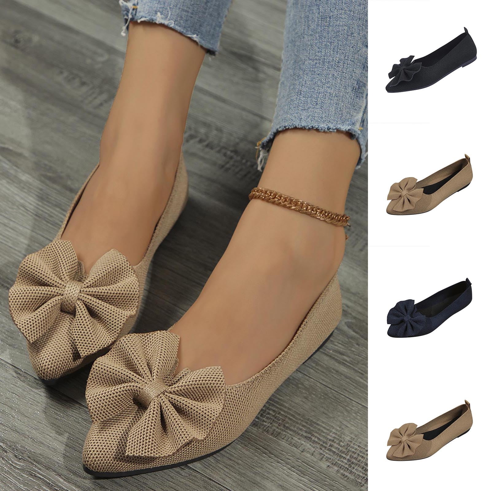 Kinrui Women's Knit Slip-On Shoes Bow Accent Pointed Toe Flat Platform ...