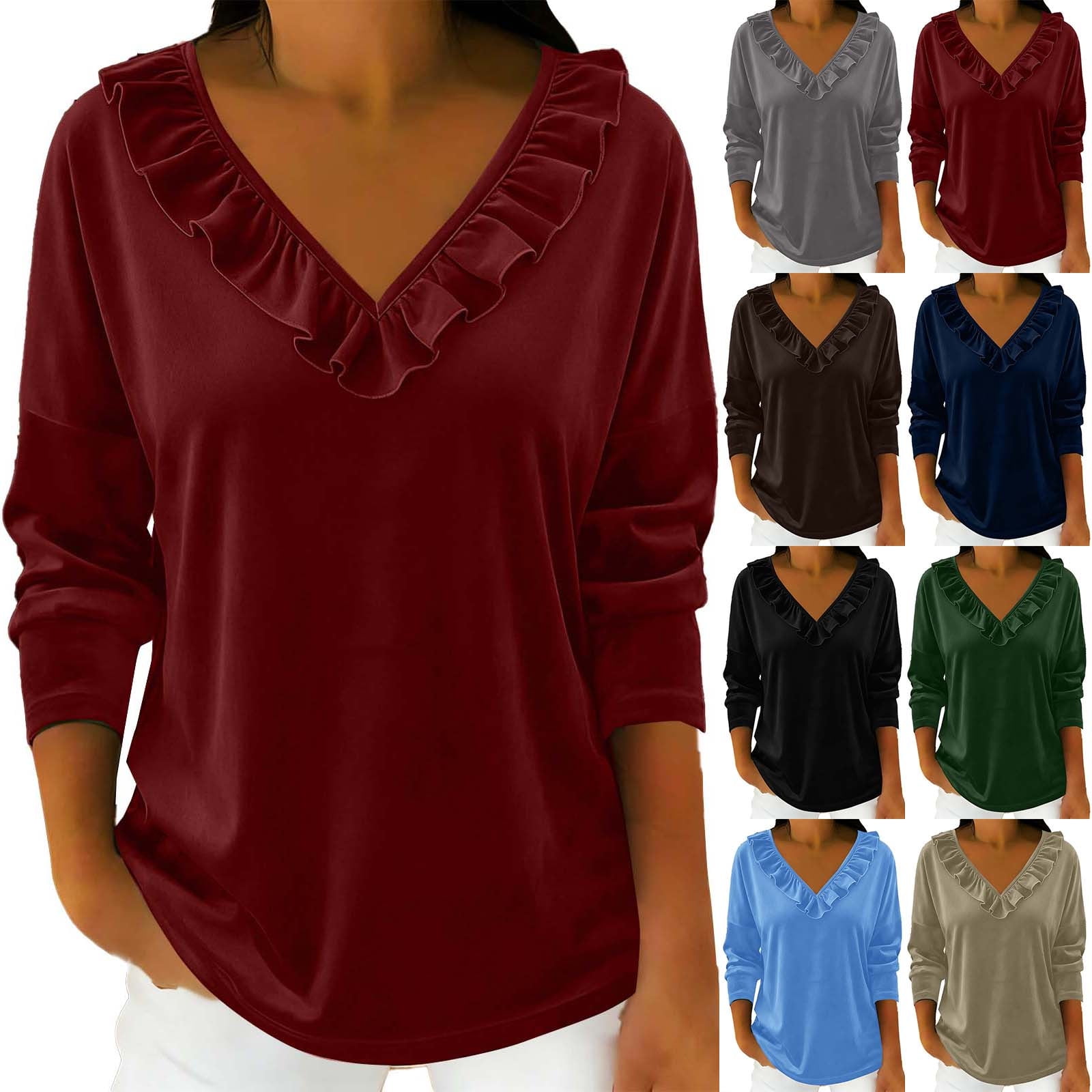 Kinrui Women's Velvet Tops Casual Dressy Ruffled Lace V-Neck Blouses ...