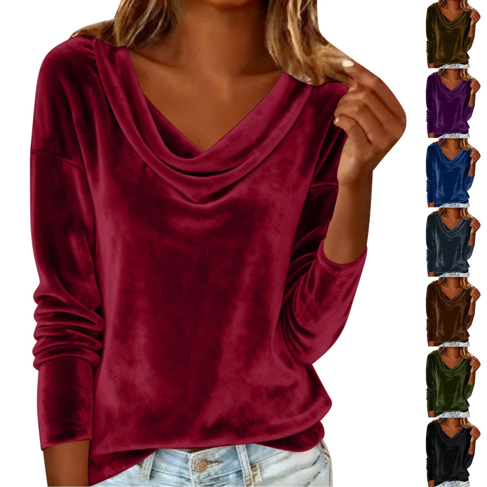 Kinrui Womens Long Sleeve Velvet Shirts Elegant Cowl Neck Tunic Tops ...