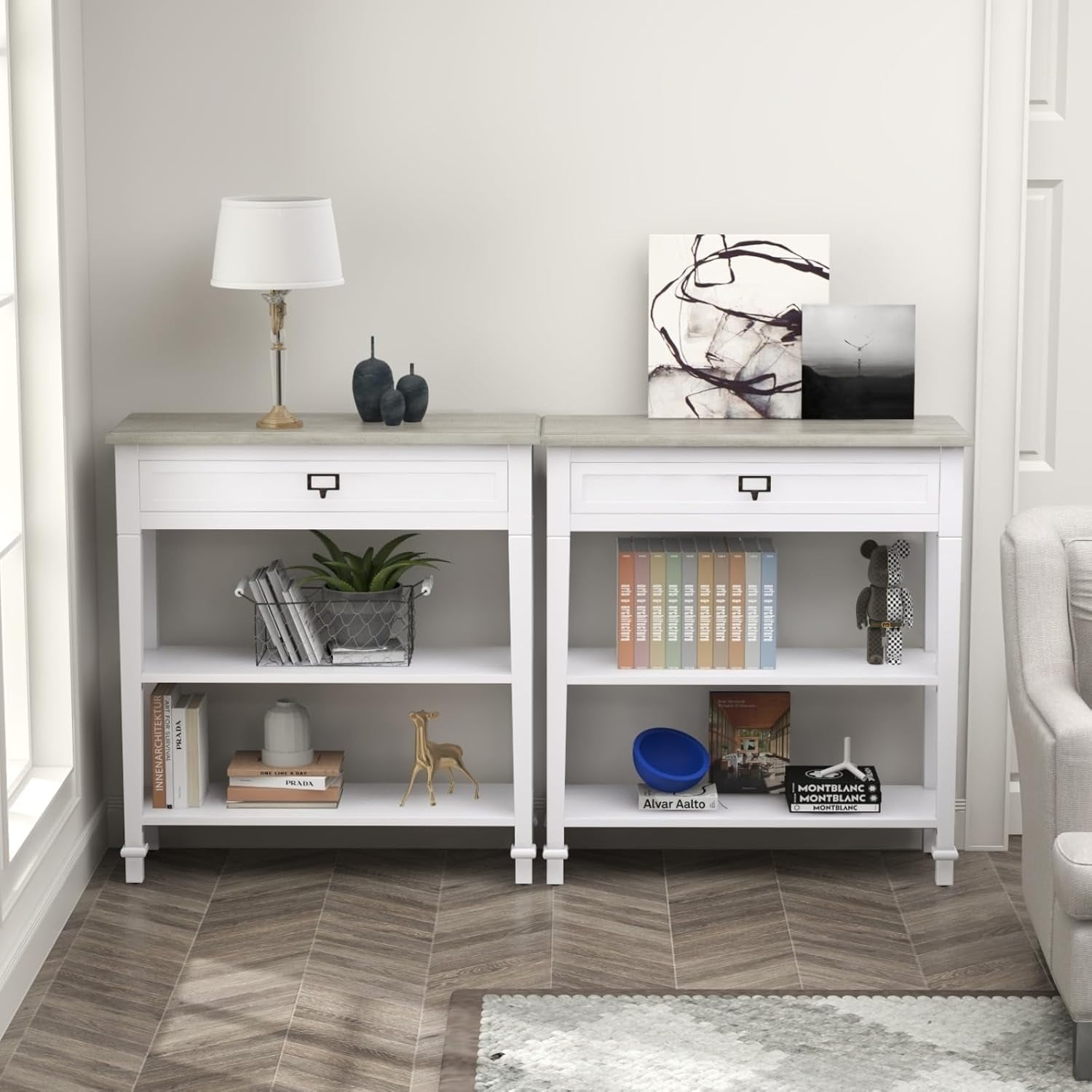 Kinsuite 2 White Small Console Entryway Table with Drawer Shelf Wood ...