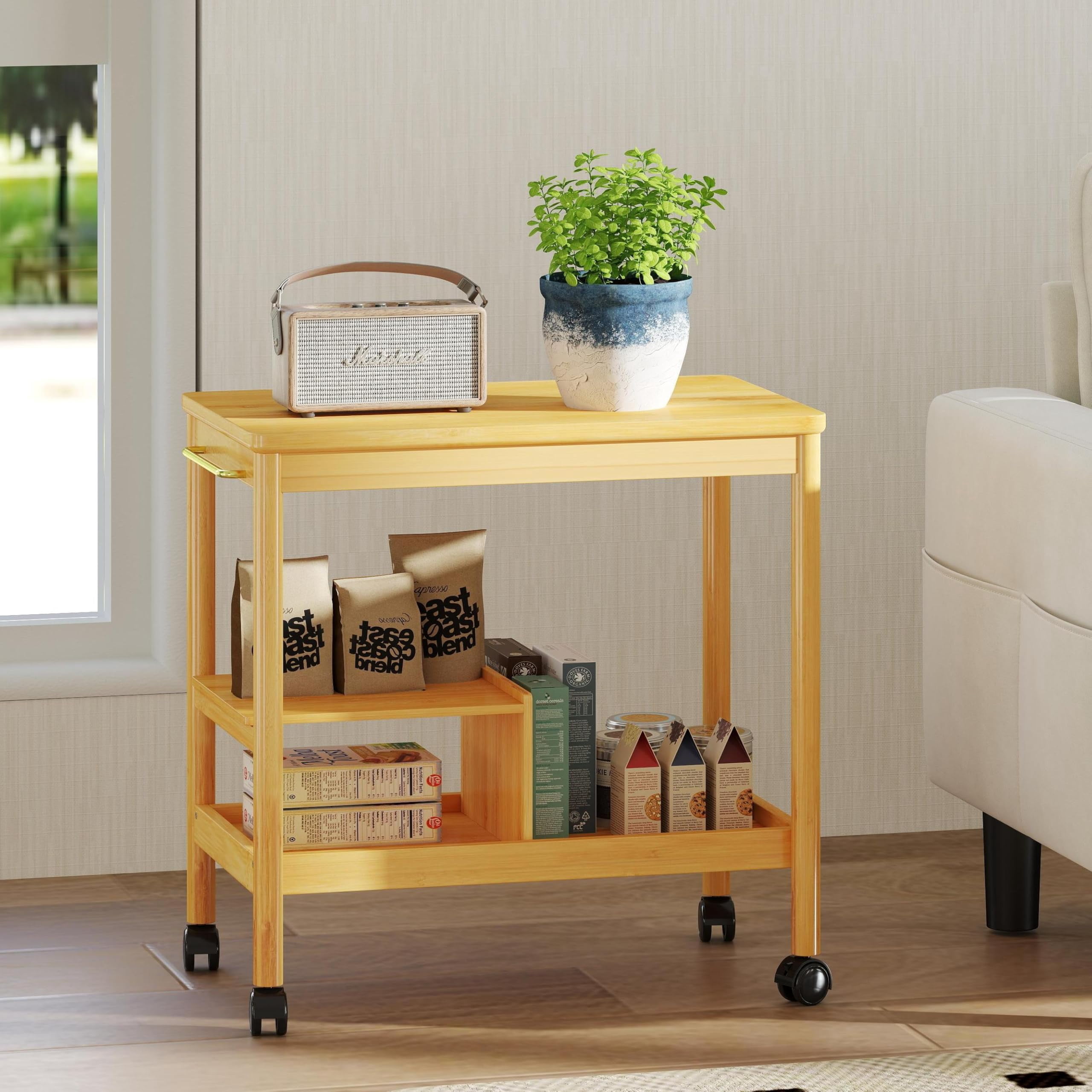 Kinsuite 3-Tier Bamboo Storage Cart - 23" H Kitchen Storage Shelf ...