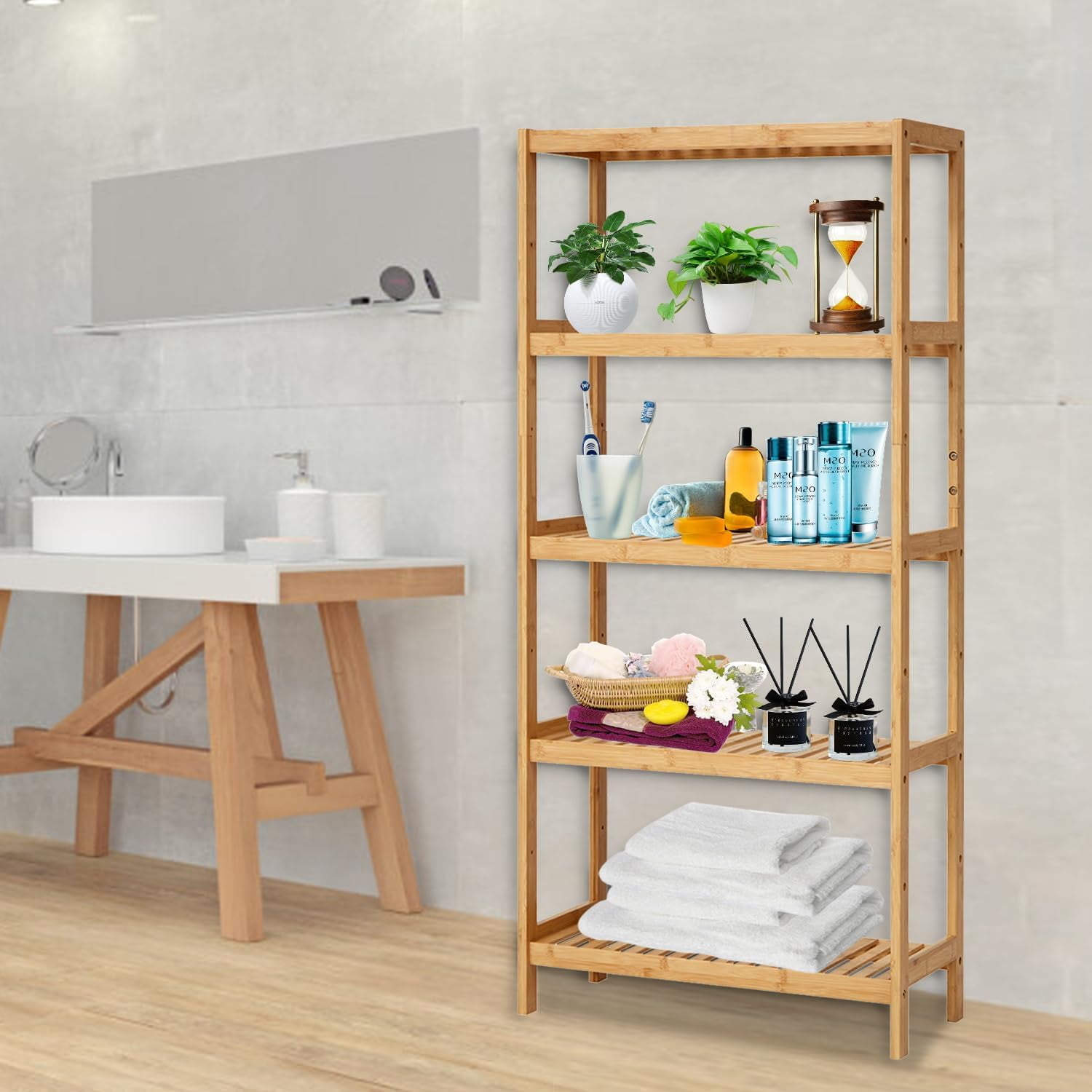Kinsuite 5-Tier Bamboo Bathroom Shelf - Free Standing Storage Organizer ...